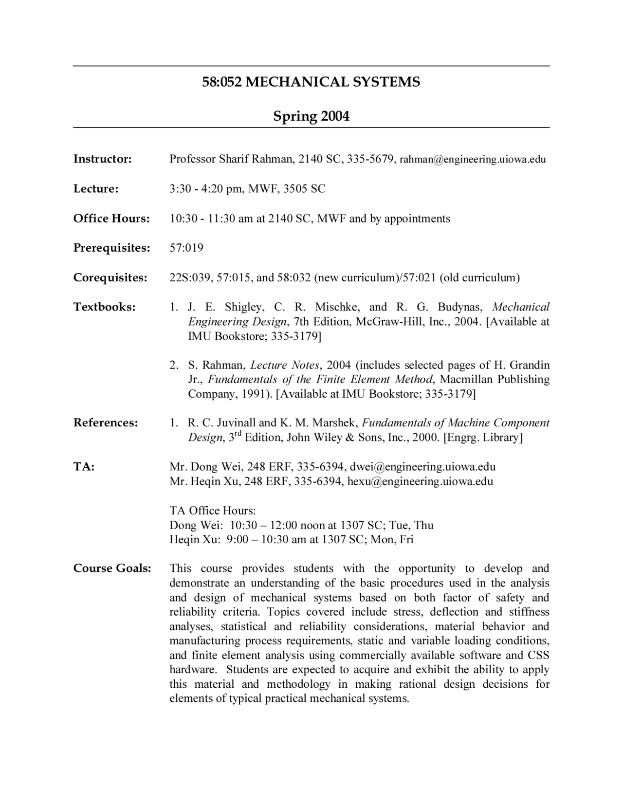 Mechanical System - Course Outlines | 22S 039 - Docsity