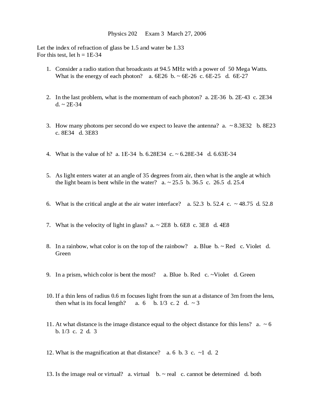 Practice Exam 3 General Physics Ii Spring 2006 Phys 202 Docsity