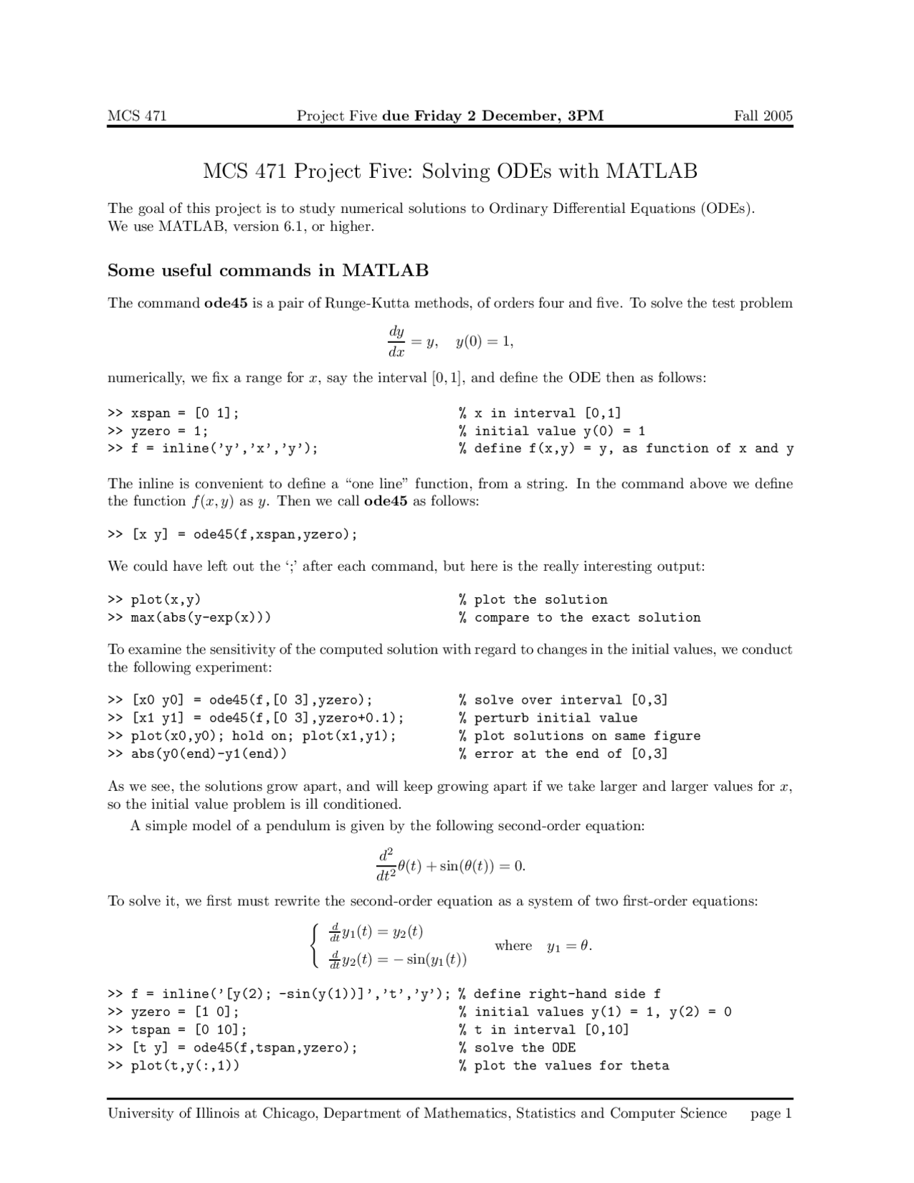 Solving ODEs with MATLAB - Project Five | MCS 471 - Docsity