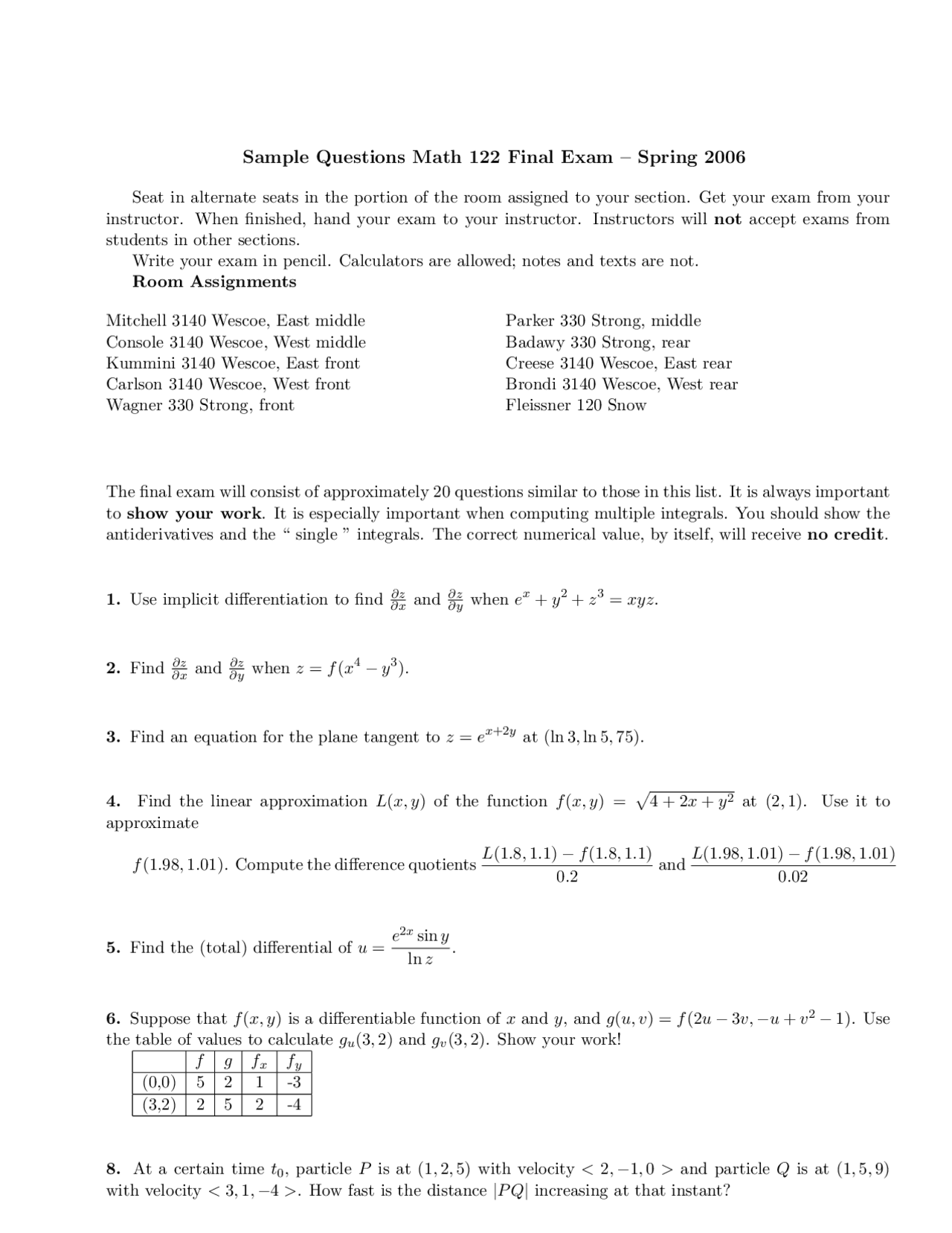 Calculus Ii Sample Questions For Final Exam Spring 2006 Math 122