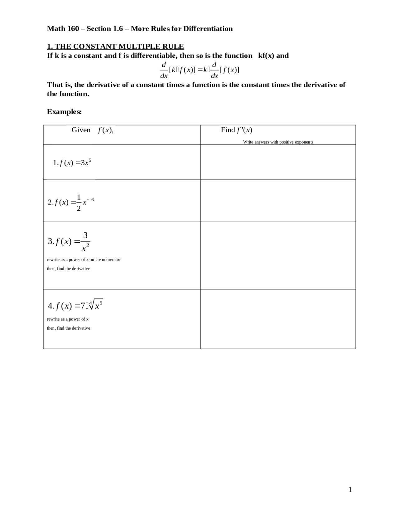 More Rules for Differentiation - Practice Assignment | MA 160 - Docsity