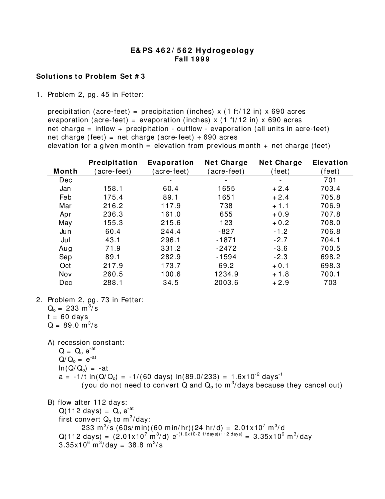 Hydrogeology Solutions For Problem Set 3 Eps 462 Docsity