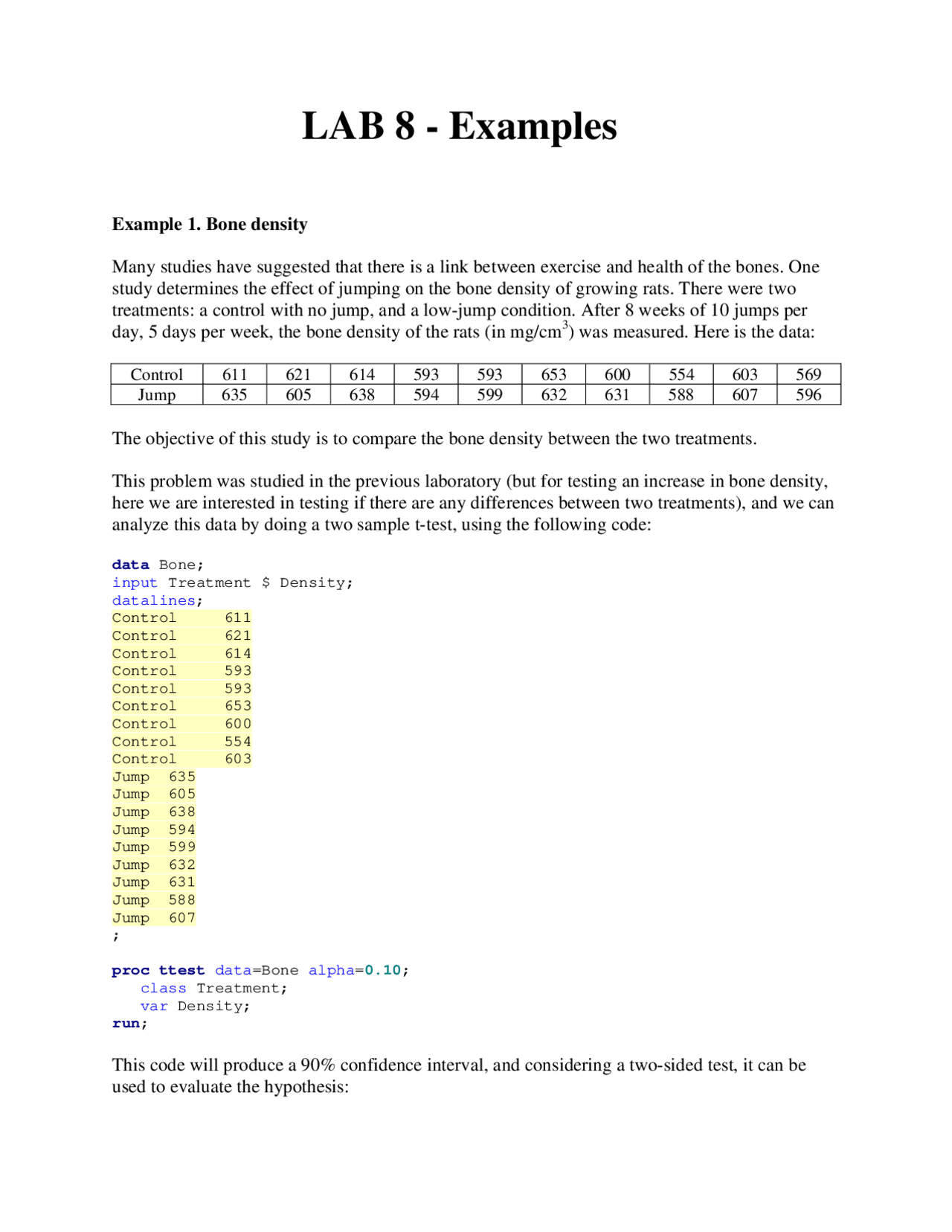 Bone Density - Lab 8 for Examples | STA 6166 - Docsity