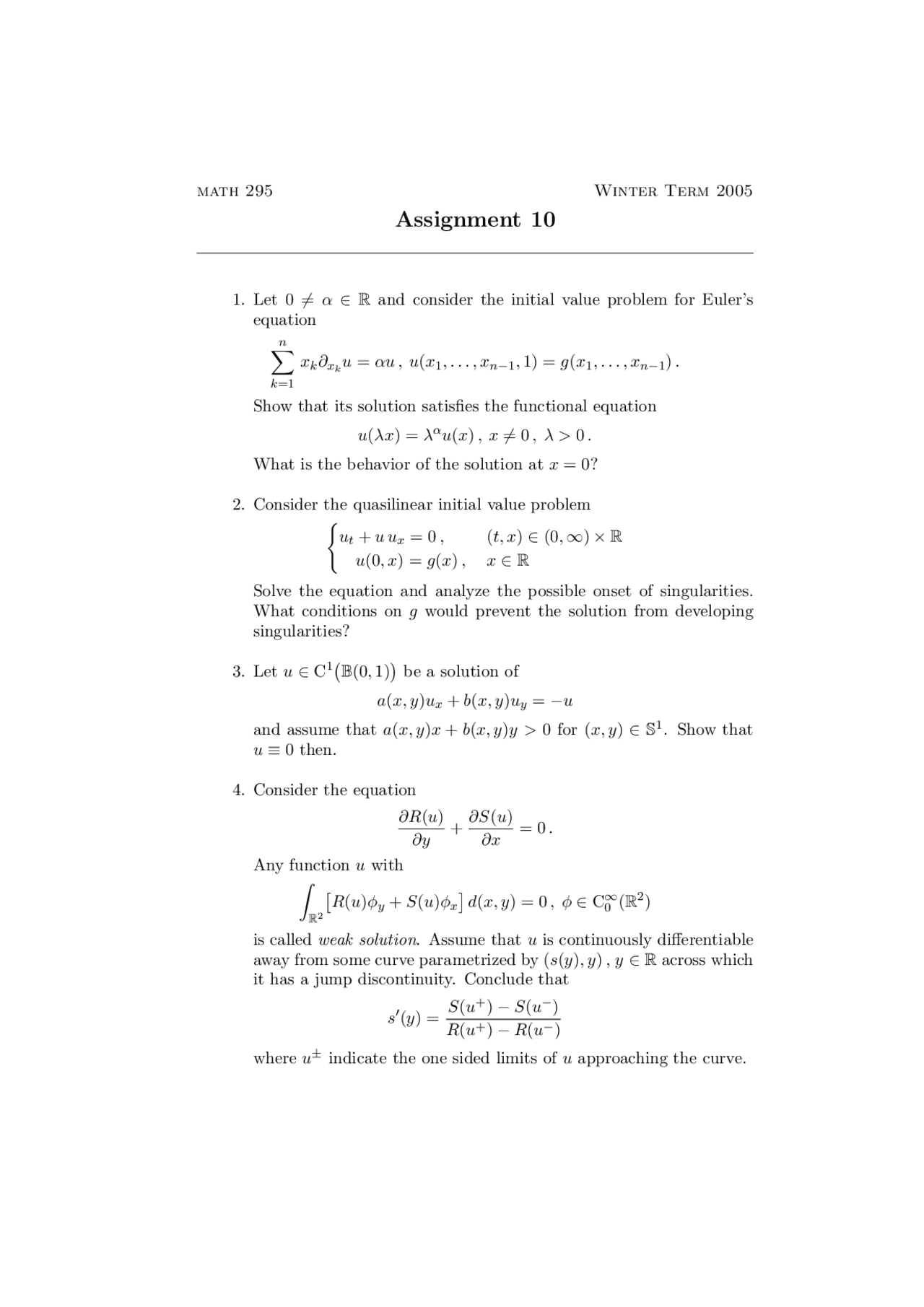 Homework 10 Practice Partial Differential Equations Math 295 Docsity