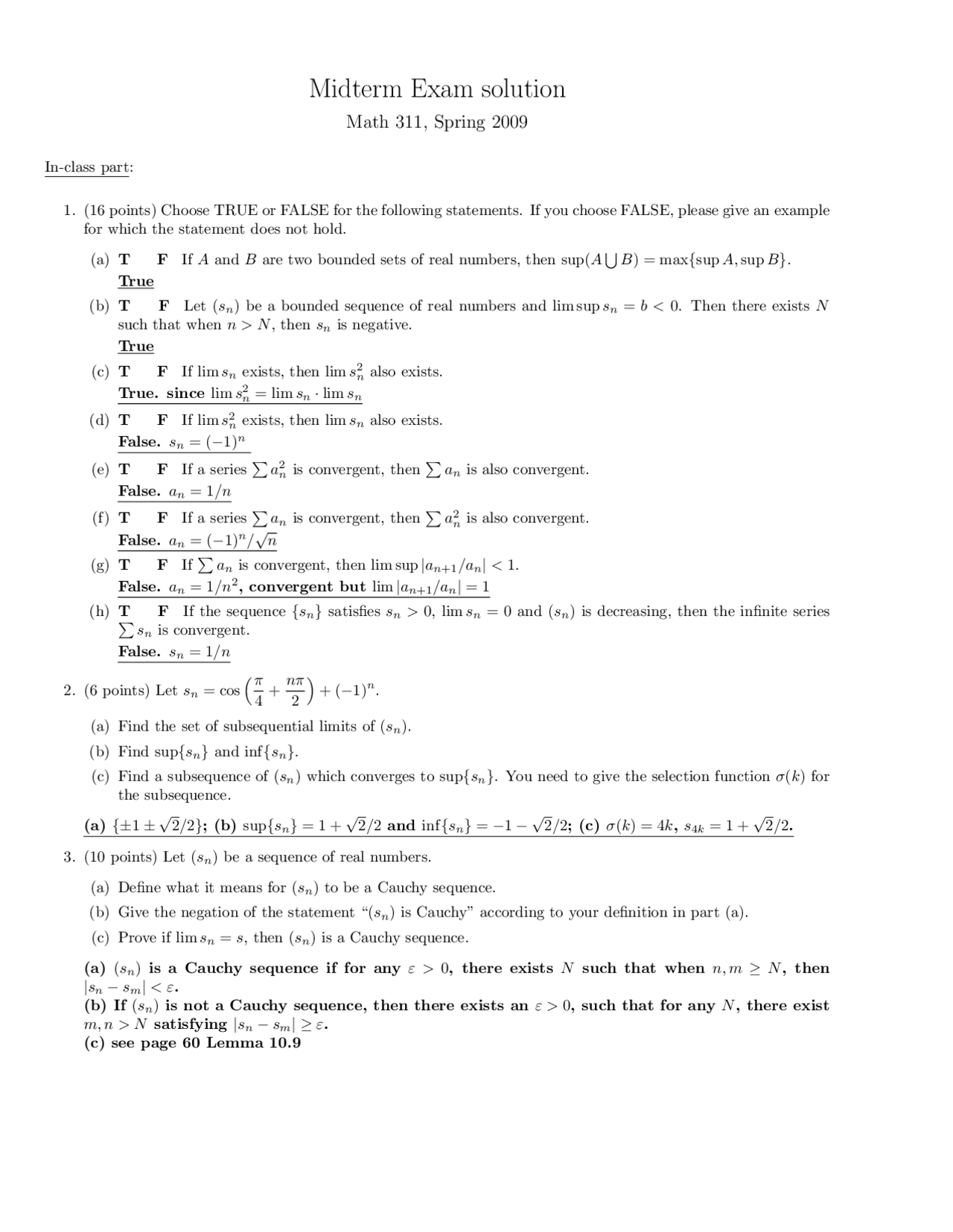 15 Questions On Elementary Analysis Exam 1 Math 311 Docsity