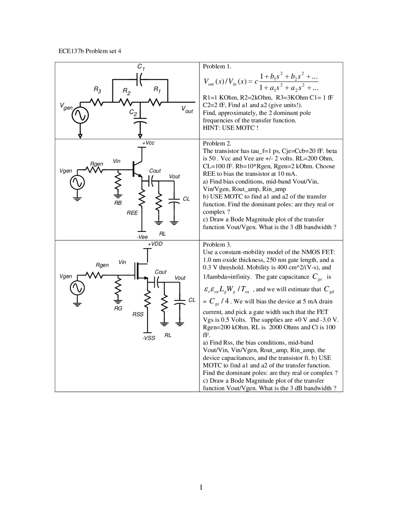 4 Problems on Circuit and Electricity II - Assignment 4 | ECE 137B - Docsity