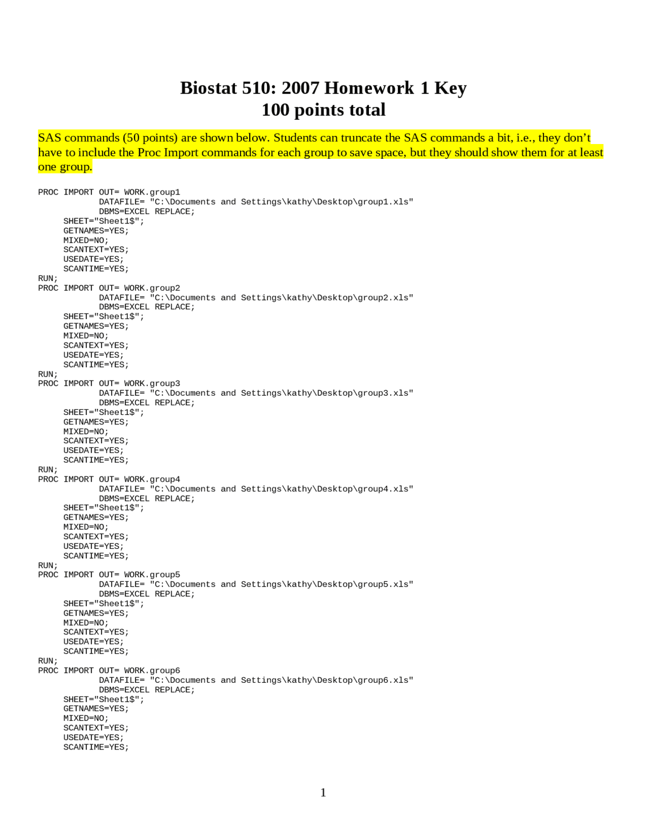 Homework I Answer Key Statistical Computer Biostat 510 Docsity