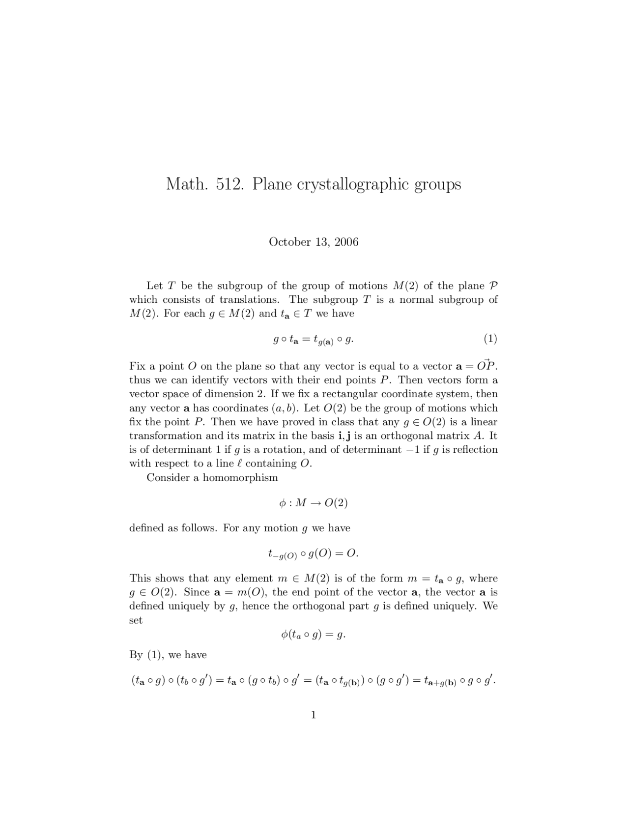 Plane Crystallographic Groups - Algebraic Structure | MATH 512 - Docsity