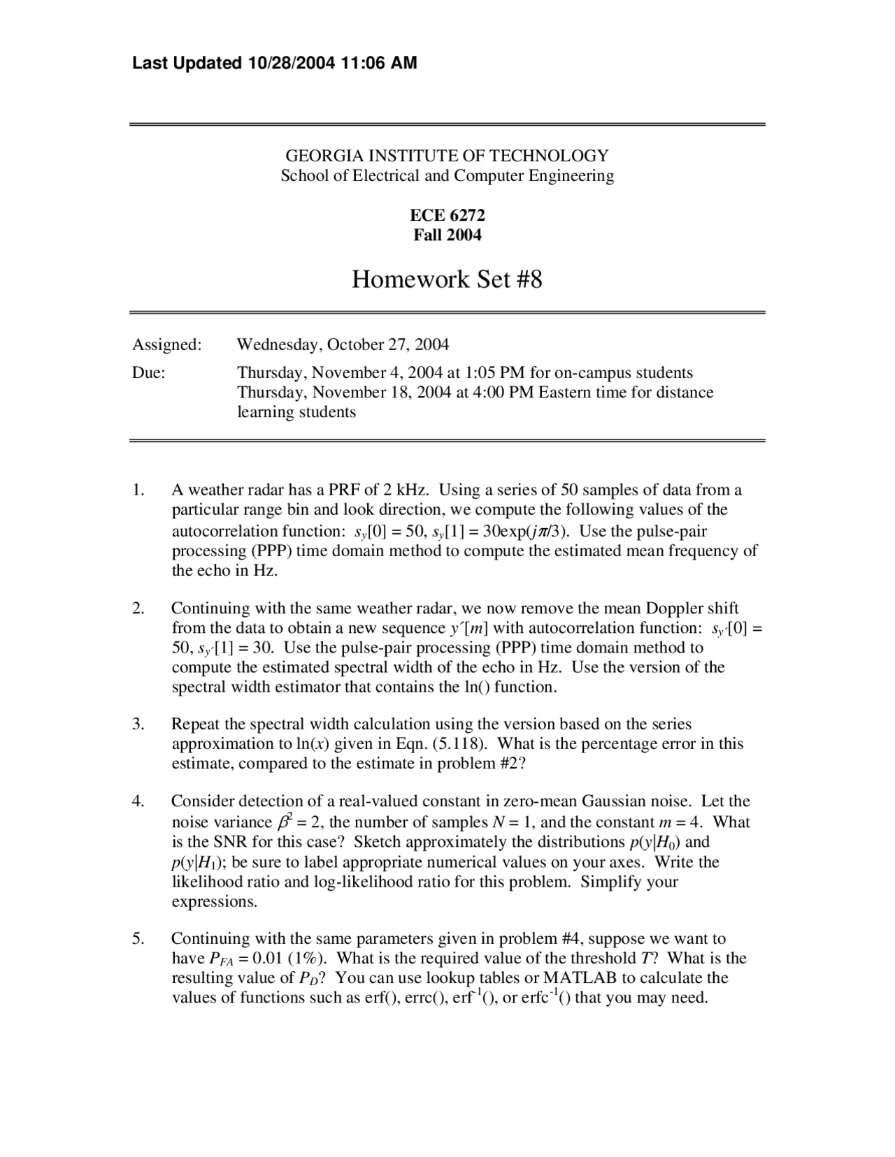 Fundamentals Of Radar Signal Processing Homework Set 8 Ece 6272