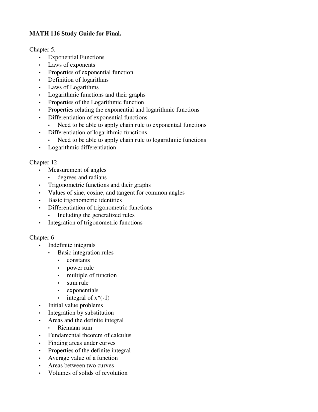 Introduction to Calculus II - Study Guide | MATH 116 - Docsity