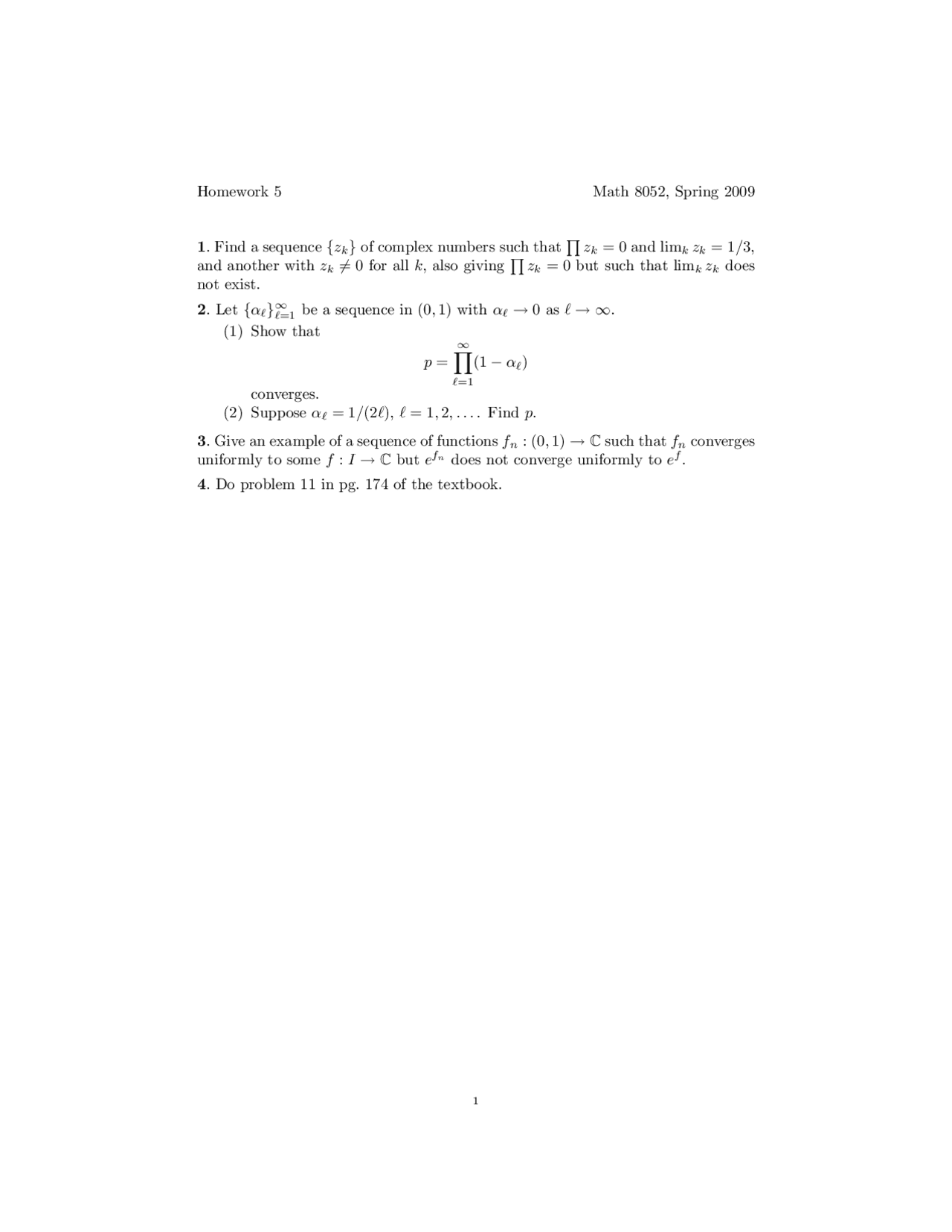 Homework 5 On Functions Of A Complex Variable Math 8052 Docsity