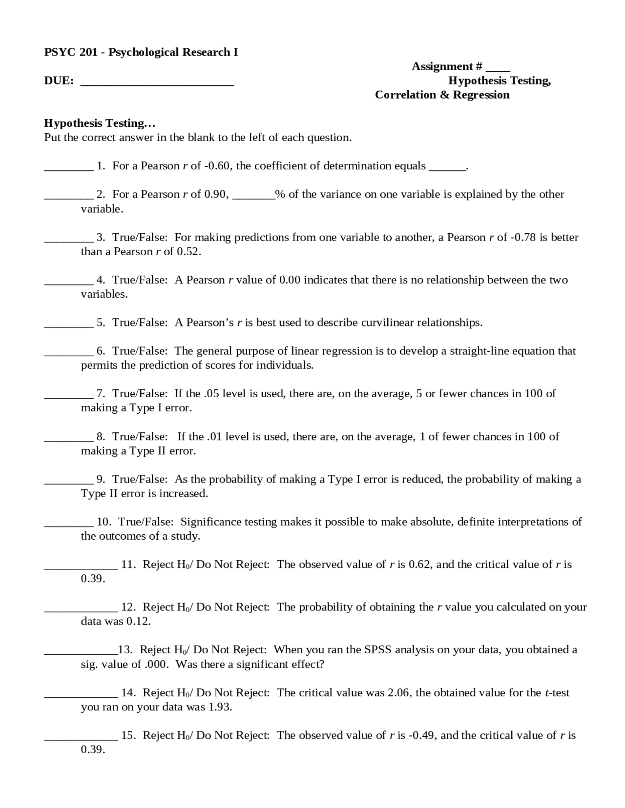 Hypothesis Testing Correlation And Regression Psyc 201 Docsity