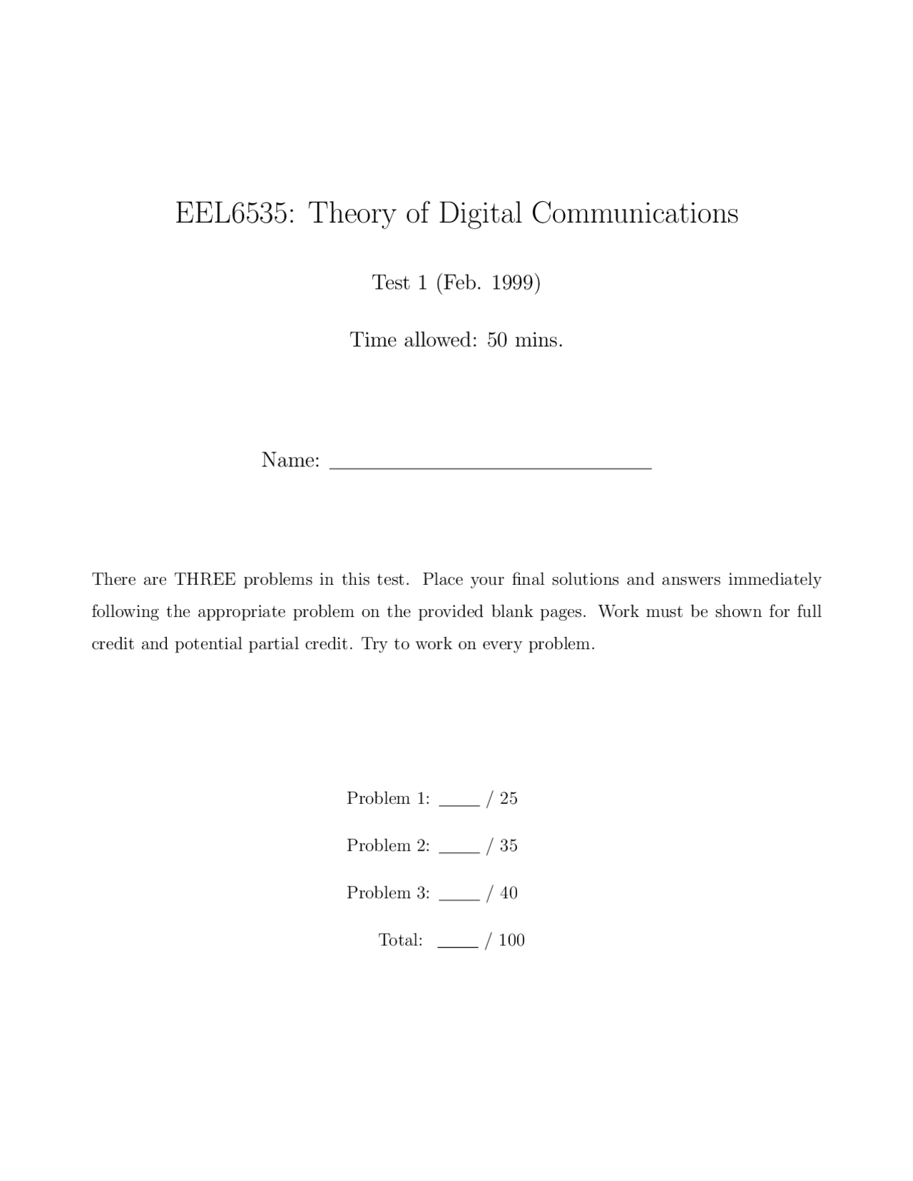 Exam 1 For Theory Of Digital Communications Eel 6535 Docsity