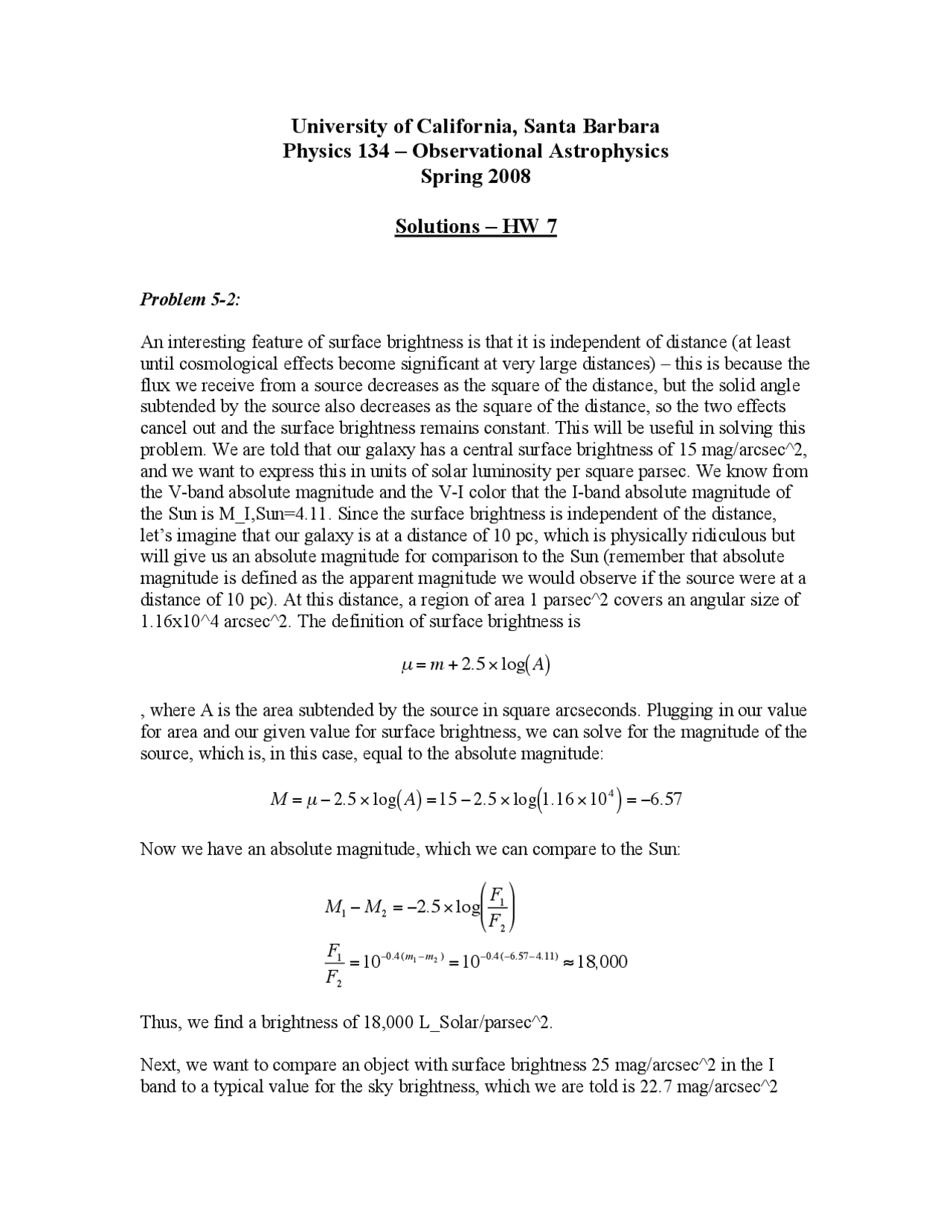 Observational Astrophysics - Homework 7 Solutions | PHYS 134 - Docsity