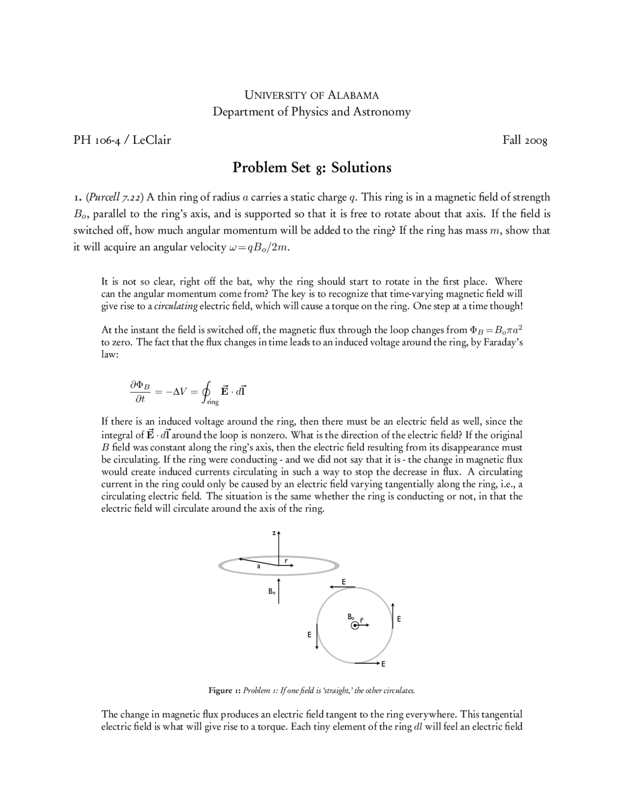 Problem Set 8 Solutions - General Physics with Calculus II | PH 106 - Docsity