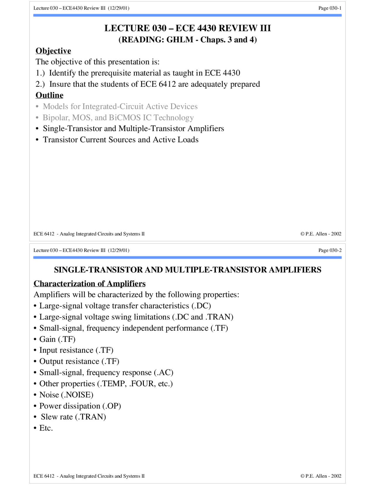 Single Transistor And Multiple Transistor Amplifiers Lecture Slides
