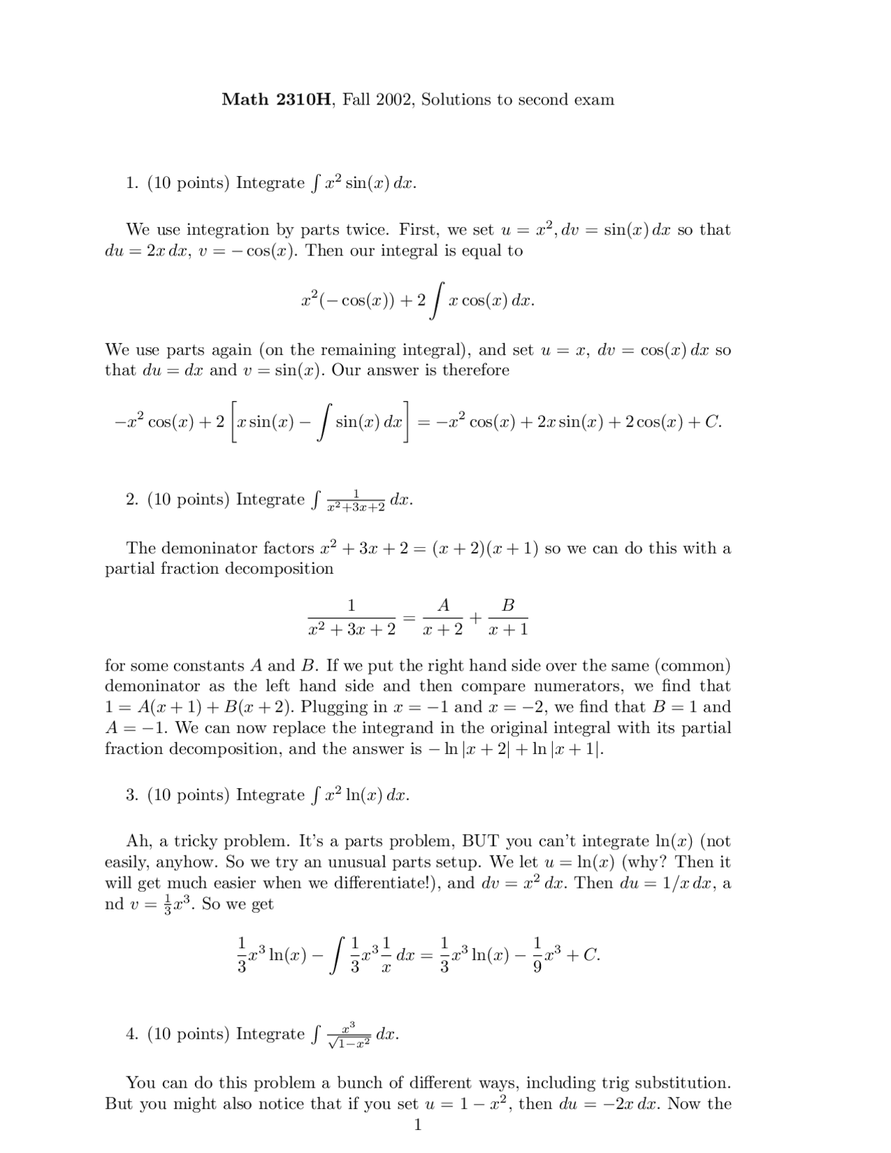 Solution To Exam 2 Questions Integral Calculus Math 2310h Docsity