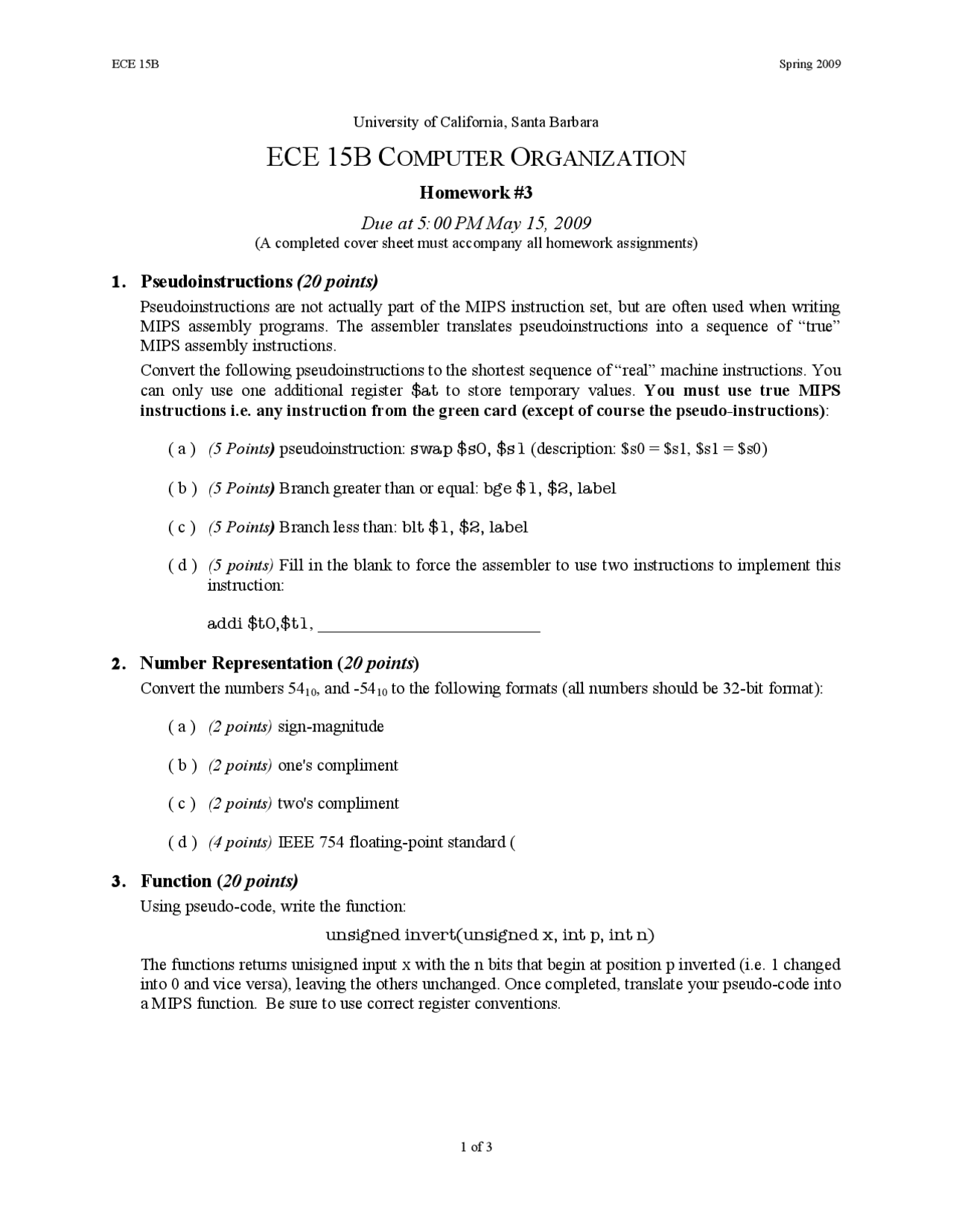 ECE 15B HW 3: Comp Org - Pseudoinstructions, Num Rep, and Functions | Assignments Mechanical ...