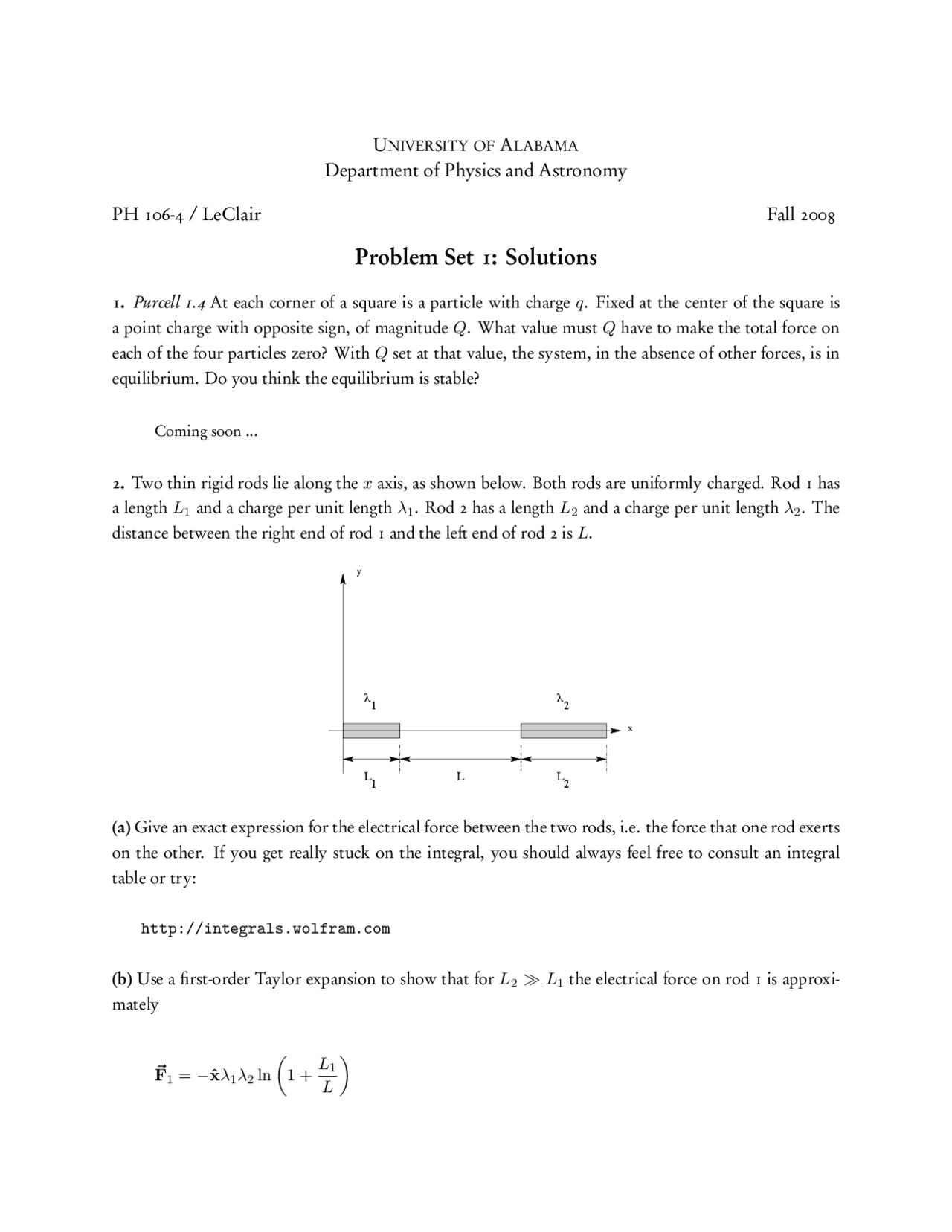 Problem Set 1 Solutions General Physics With Calculus Ii Ph 106