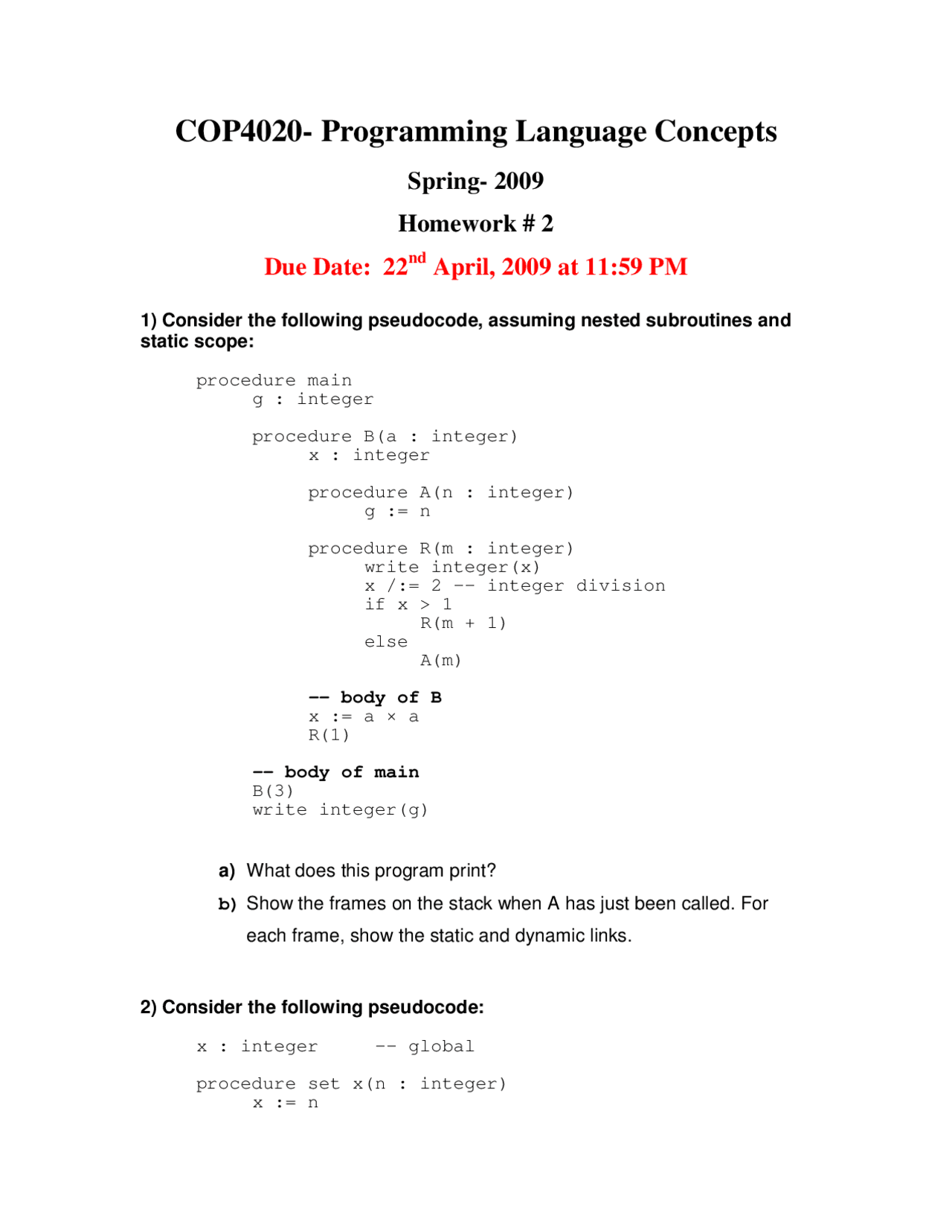 Programming Language Concepts Homework 2 Cop 4020 Docsity
