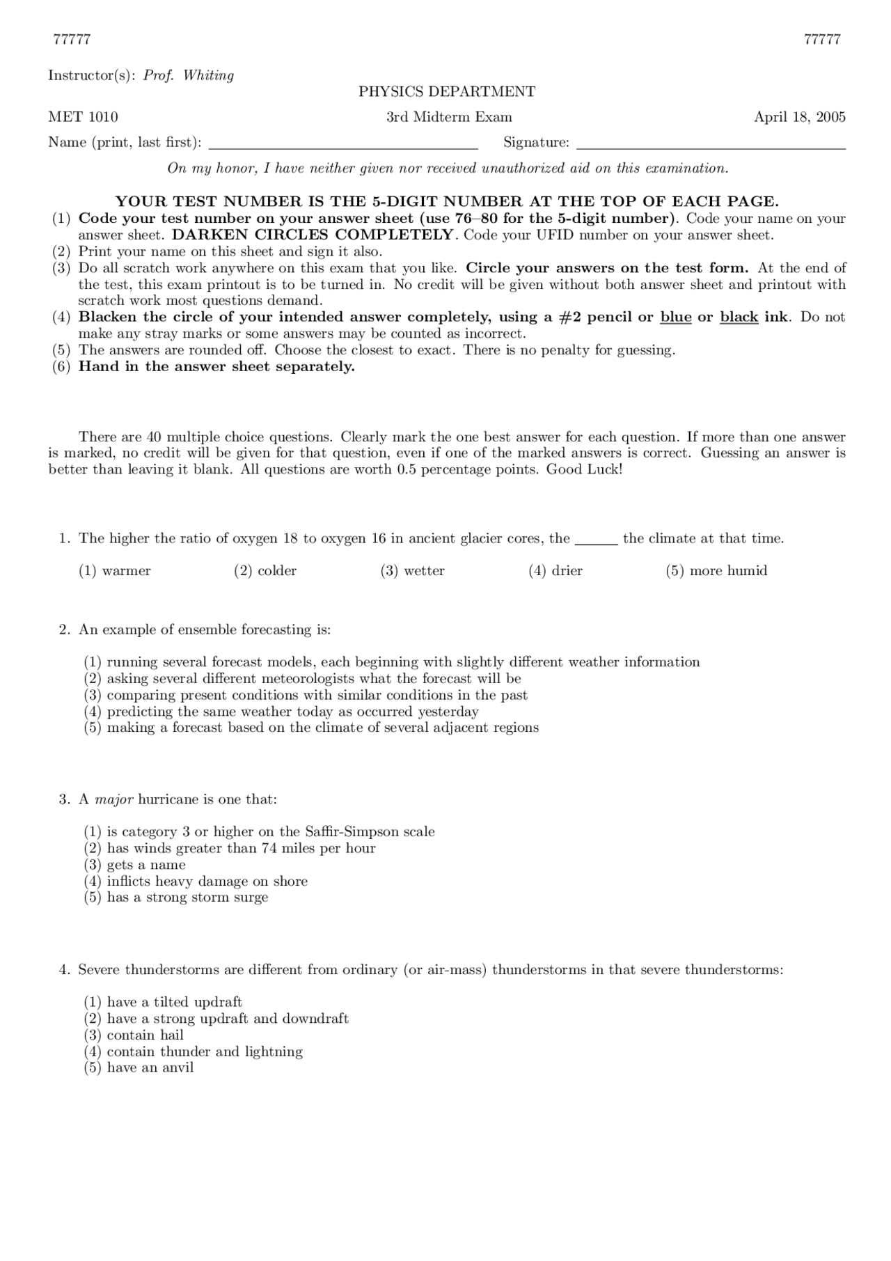 Introduction To Weather Midterm Exam 2005 Met 1010 Docsity