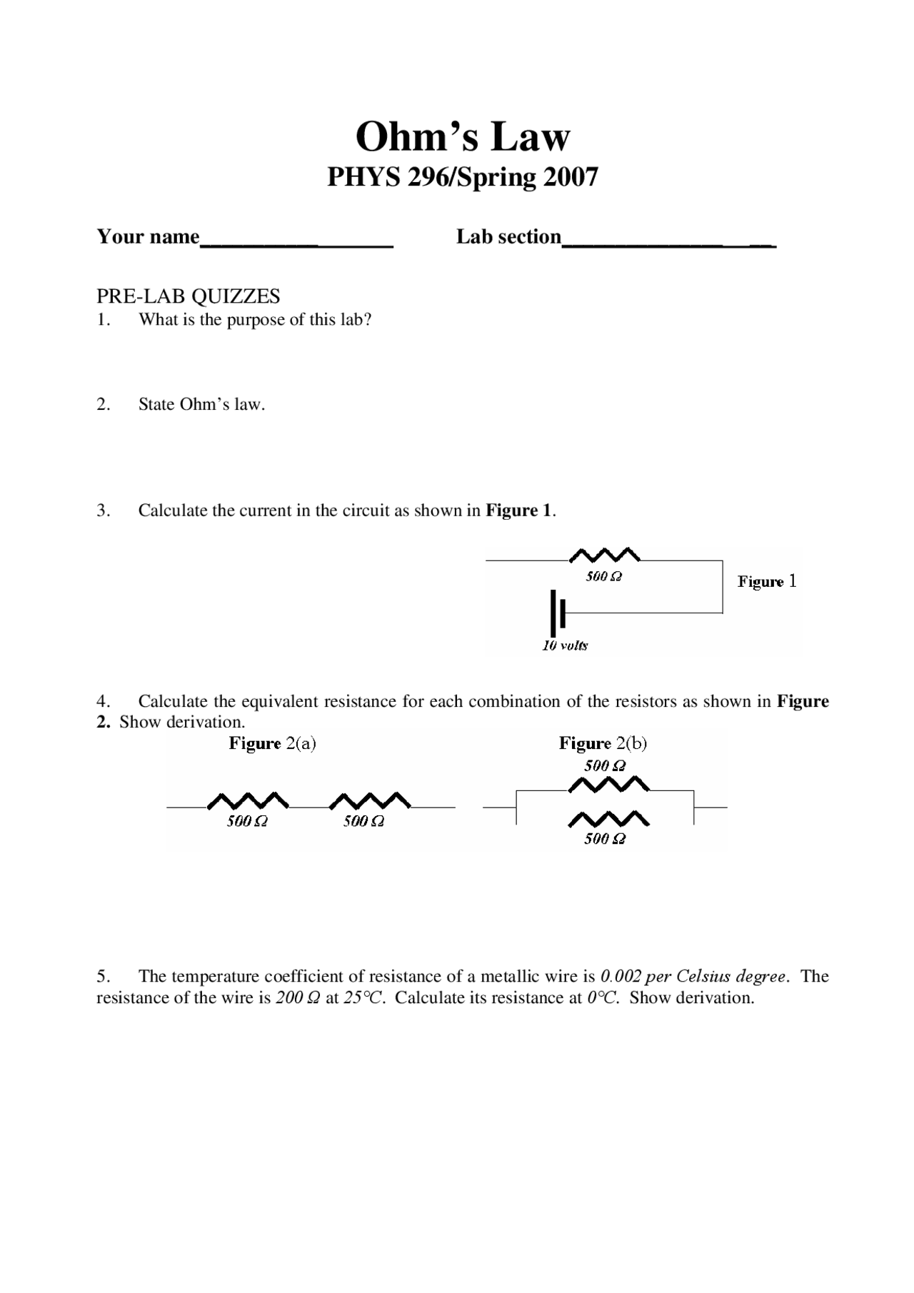 Prelab Quizzes Ohms Law Introductory Laboratory Ii Phys 296