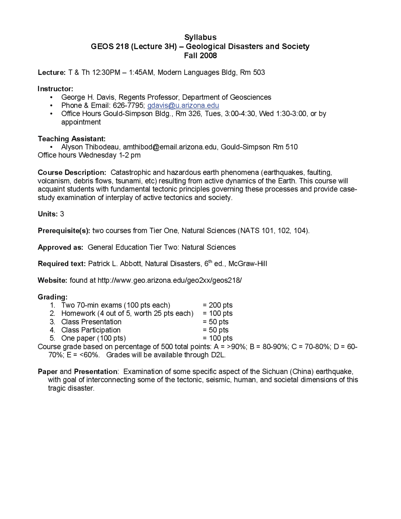 Geological Disasters And The Society Syllabus Geos 218 Docsity