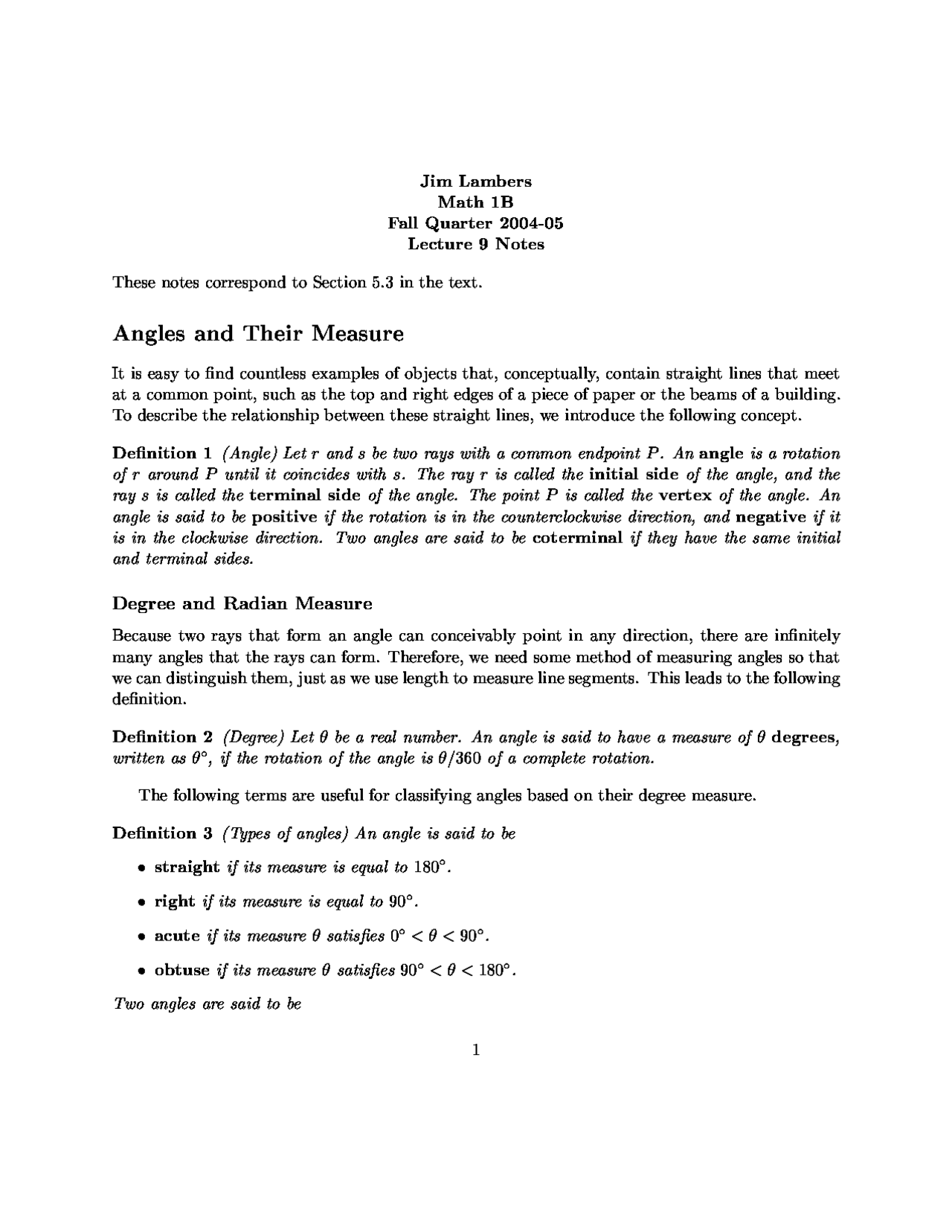Lecture Notes on Angles and Their Measures | Math 1 - Docsity