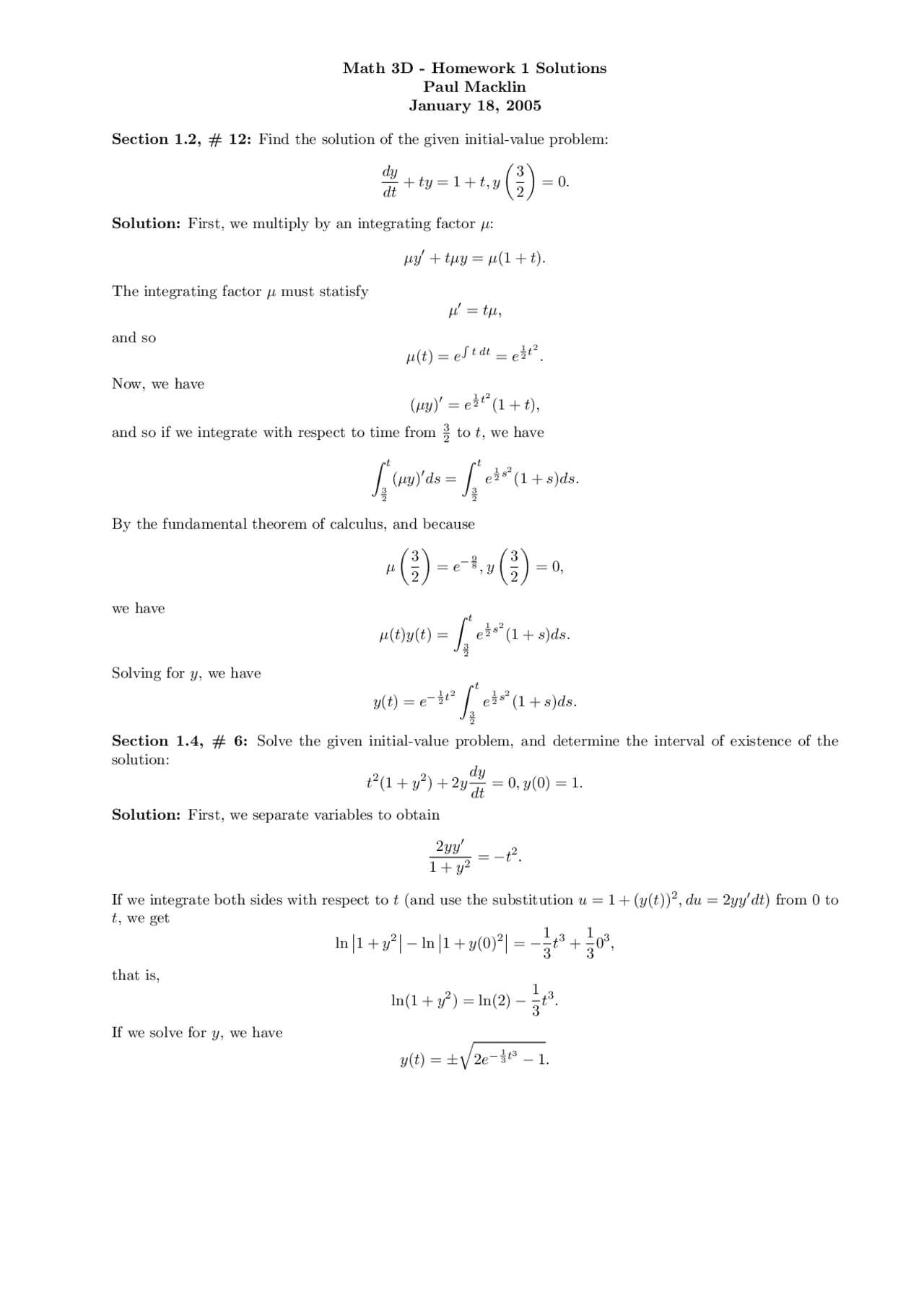 Elementary Differential Equations Homework I Solved Math 3 Docsity