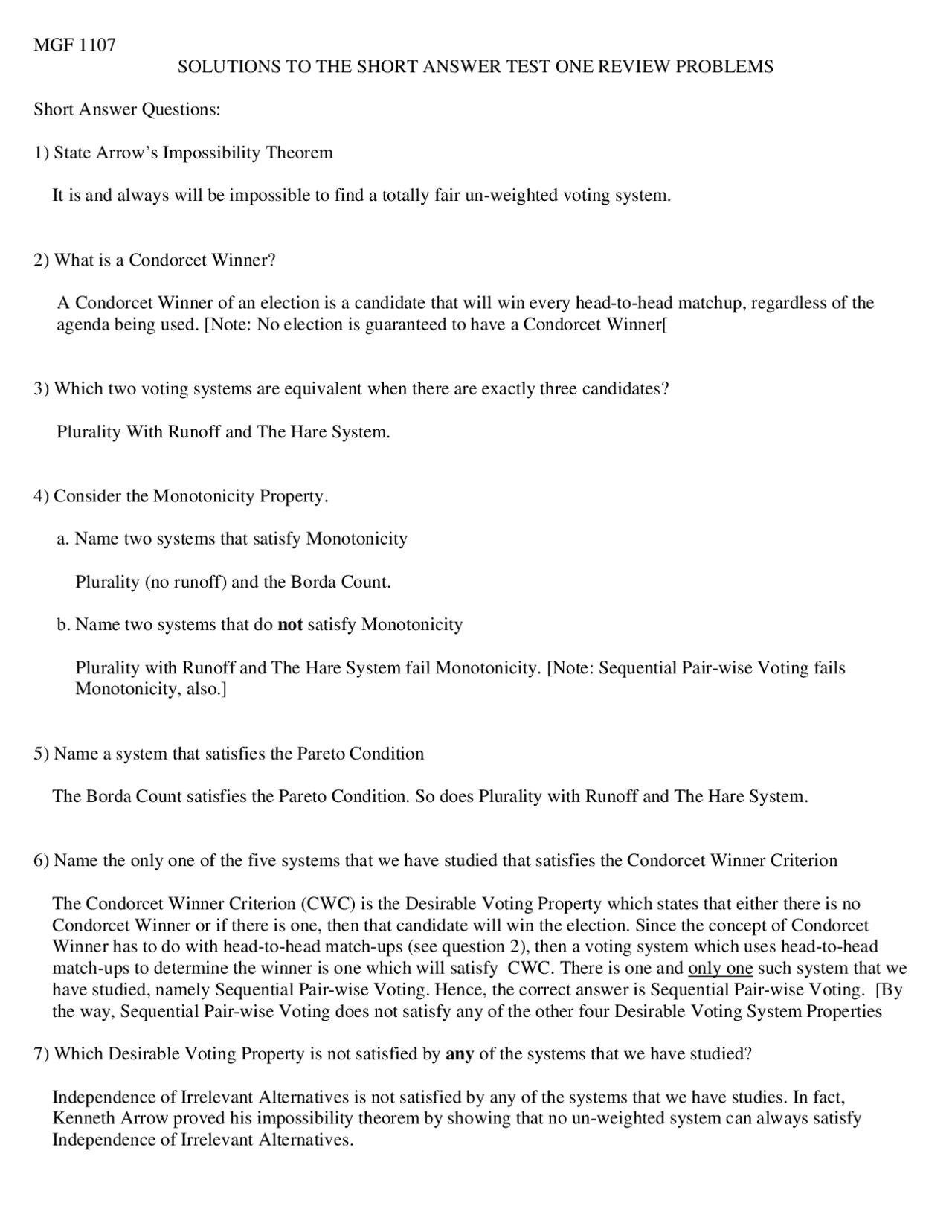 Solutions To Short Answers Test 1 Social Choice Math Mgf 1107 Docsity