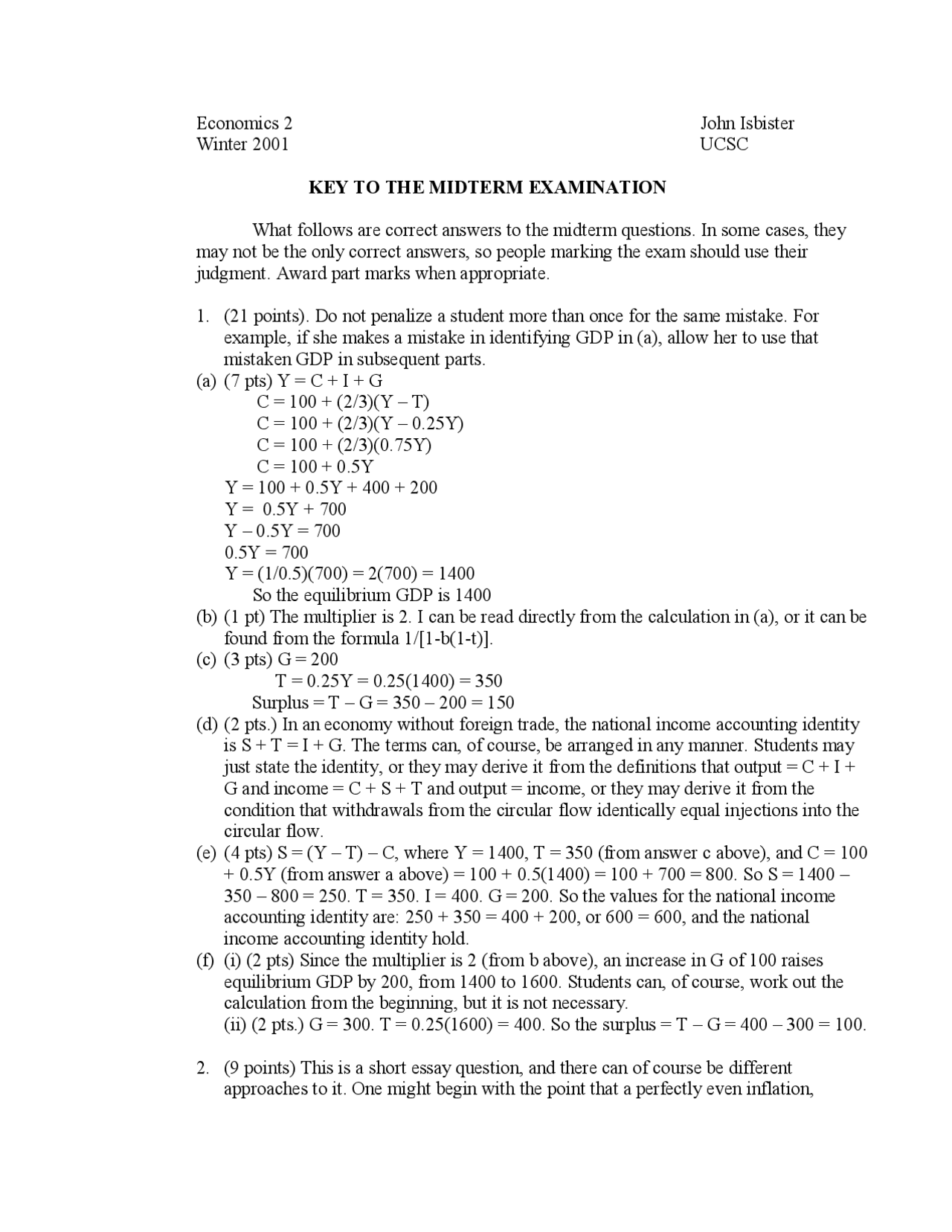 Midterm Exam Key | Introductory Macroeconomics: Aggregate Economic Activity | ECON 2 | Exams ...