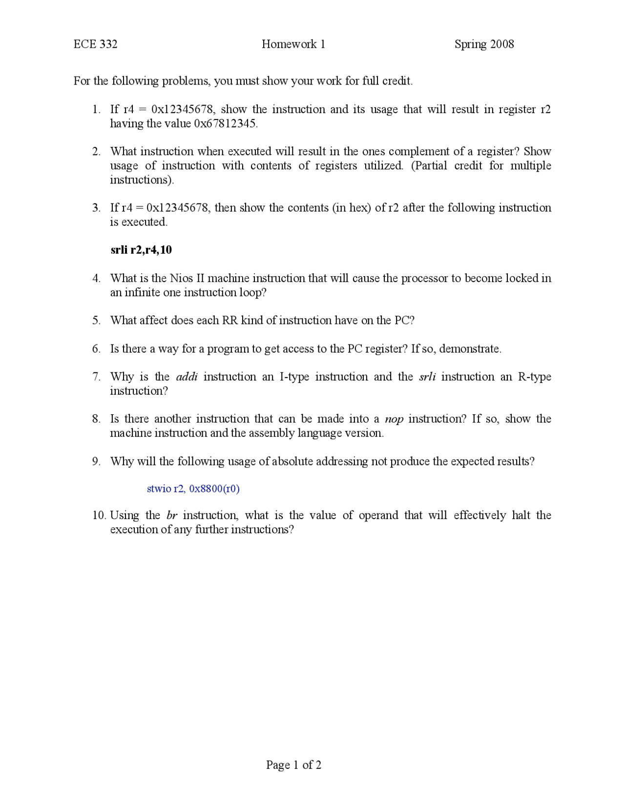 11 Practice Problems On Microprocessors Homework 1 Ece 332 Docsity
