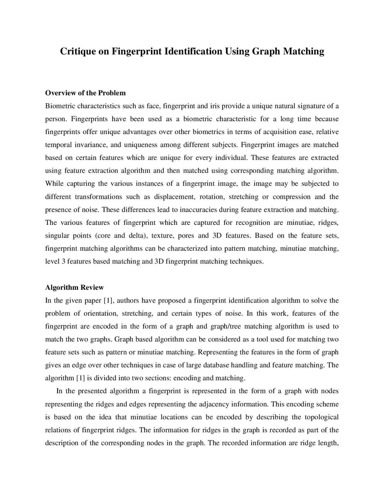 Paper 1 - Critique on Fingerprint Identification Using Graph Matching | BIOM 693 - Docsity