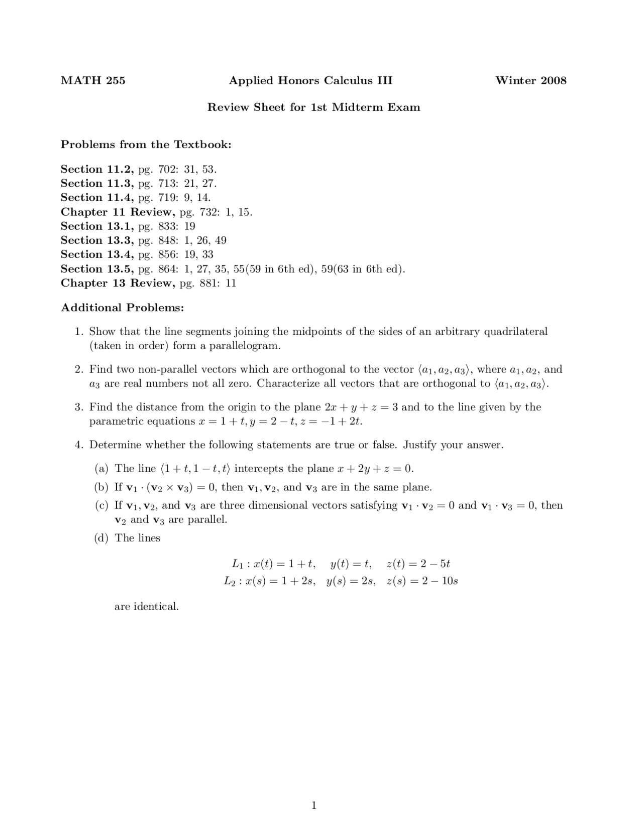 Applied Honors Calculus Iii Midterm Review Sheet Math 255 Docsity