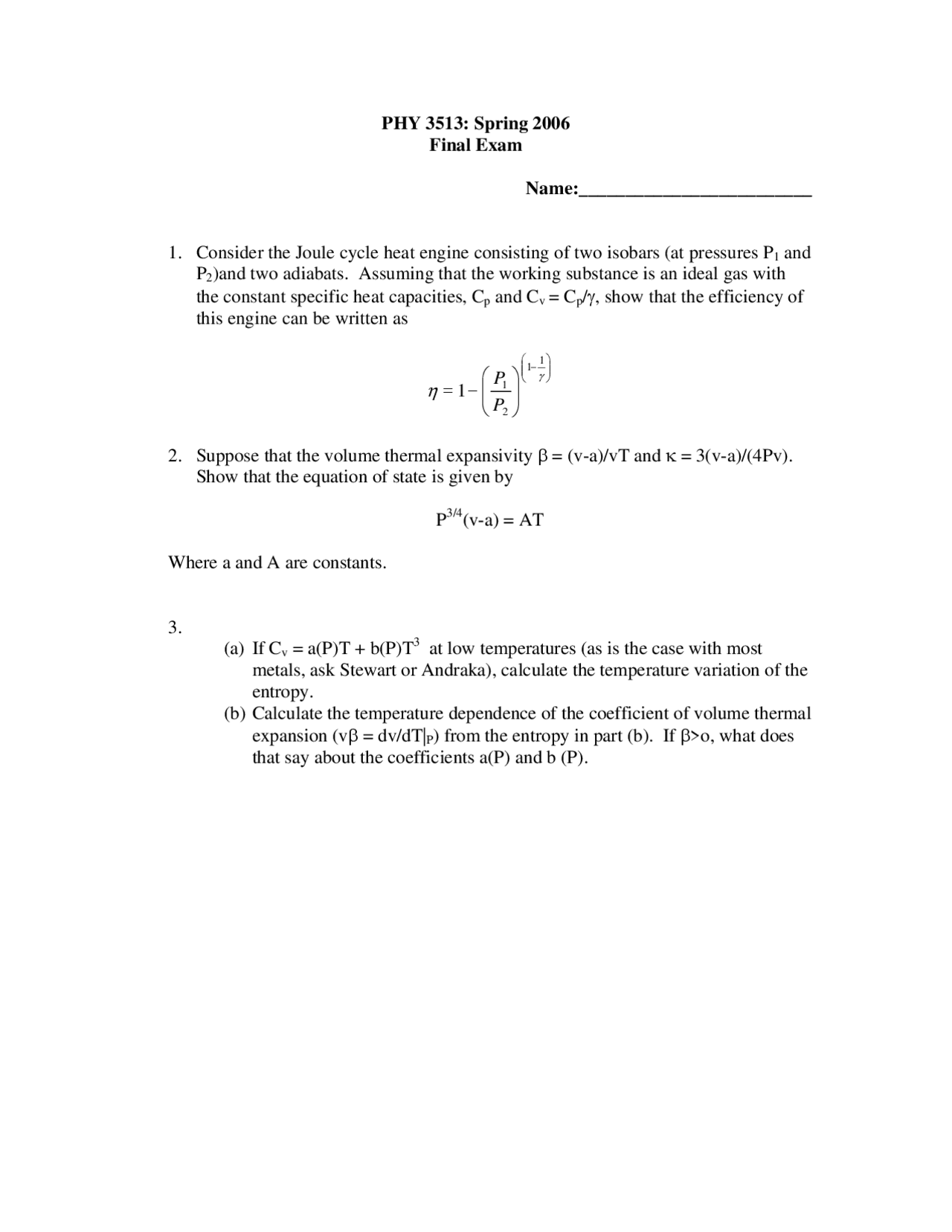 3 Questions on Thermal Expansively - Final Exam | PHY 3513 | Exams Thermal Physics | Docsity