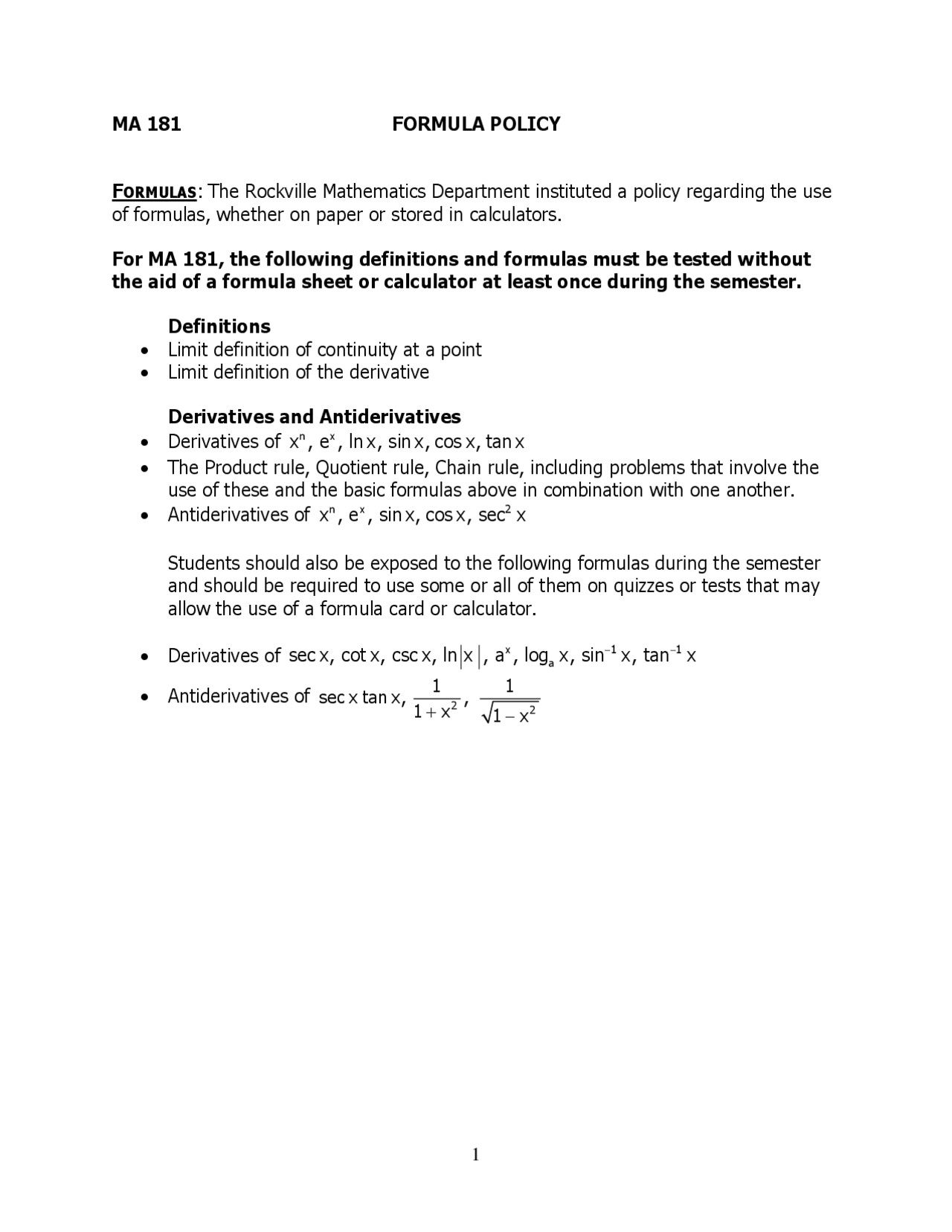 Review Sheet For Exam Formula Policy Calculus I Ma 181 Docsity