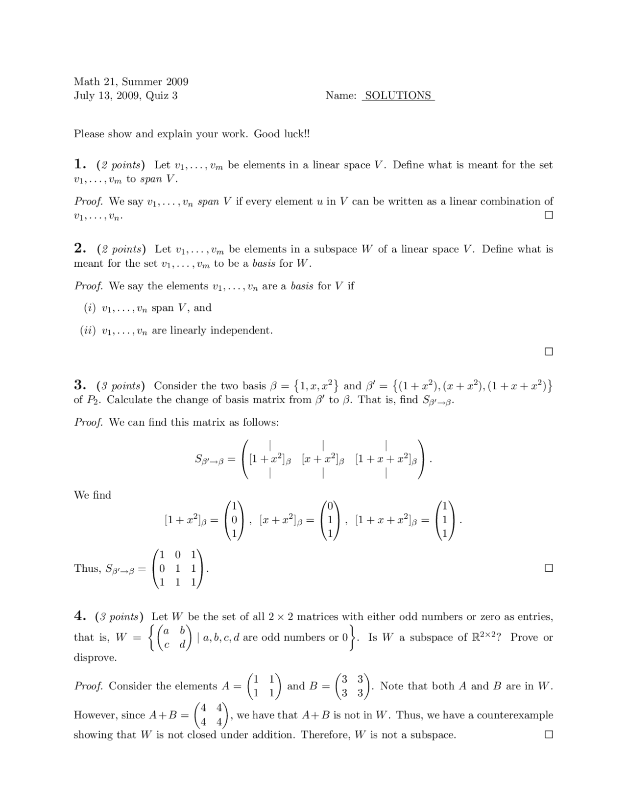 Quiz 3 Practice Questions Linear Algebra Math 21 Docsity
