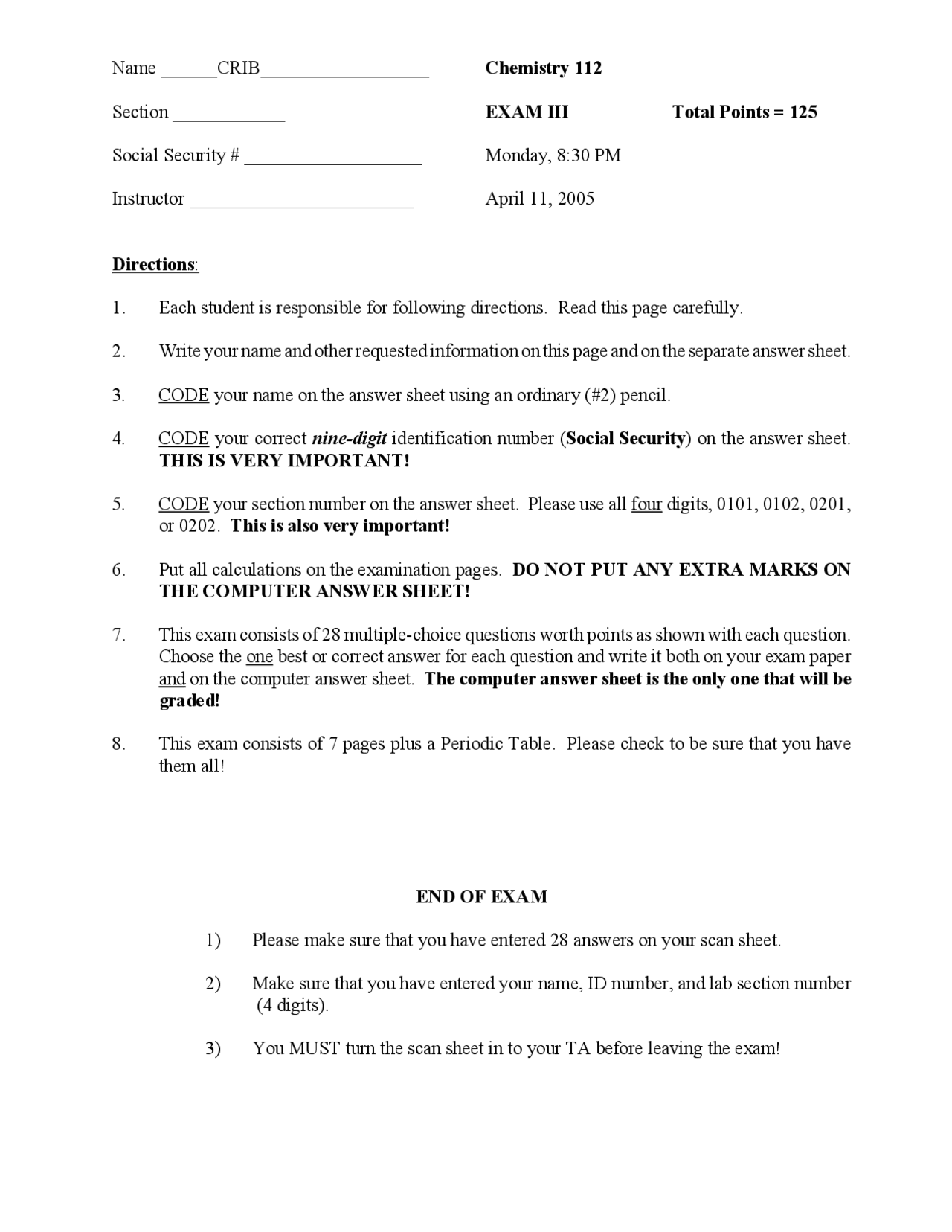 Practice Exam Iii Experimental Chemistry Ii 2005 Chem C1260 Docsity
