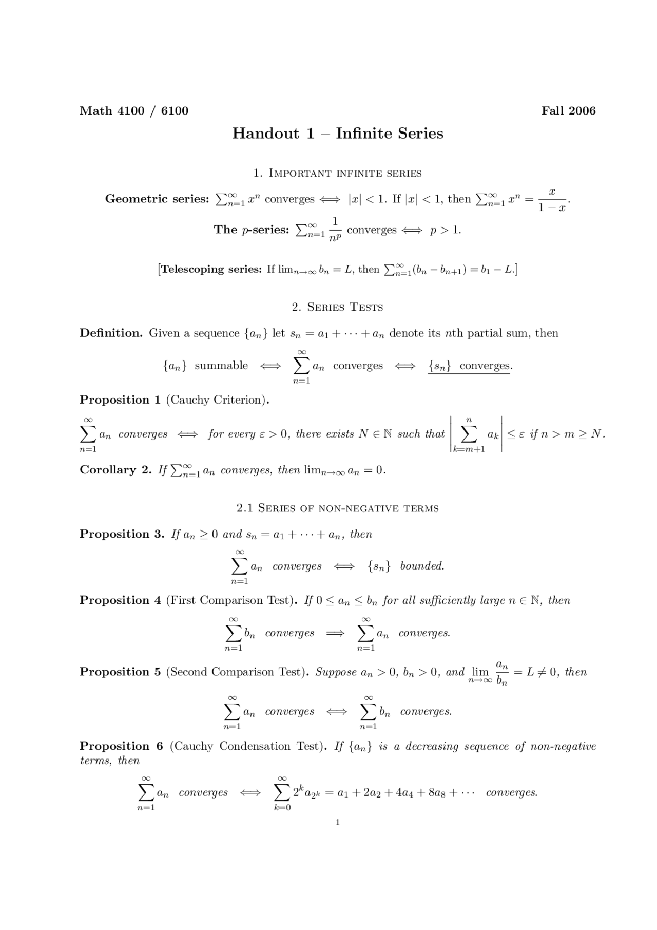 Infinite Series Exam 3 Real Analysis Math 4100 Docsity