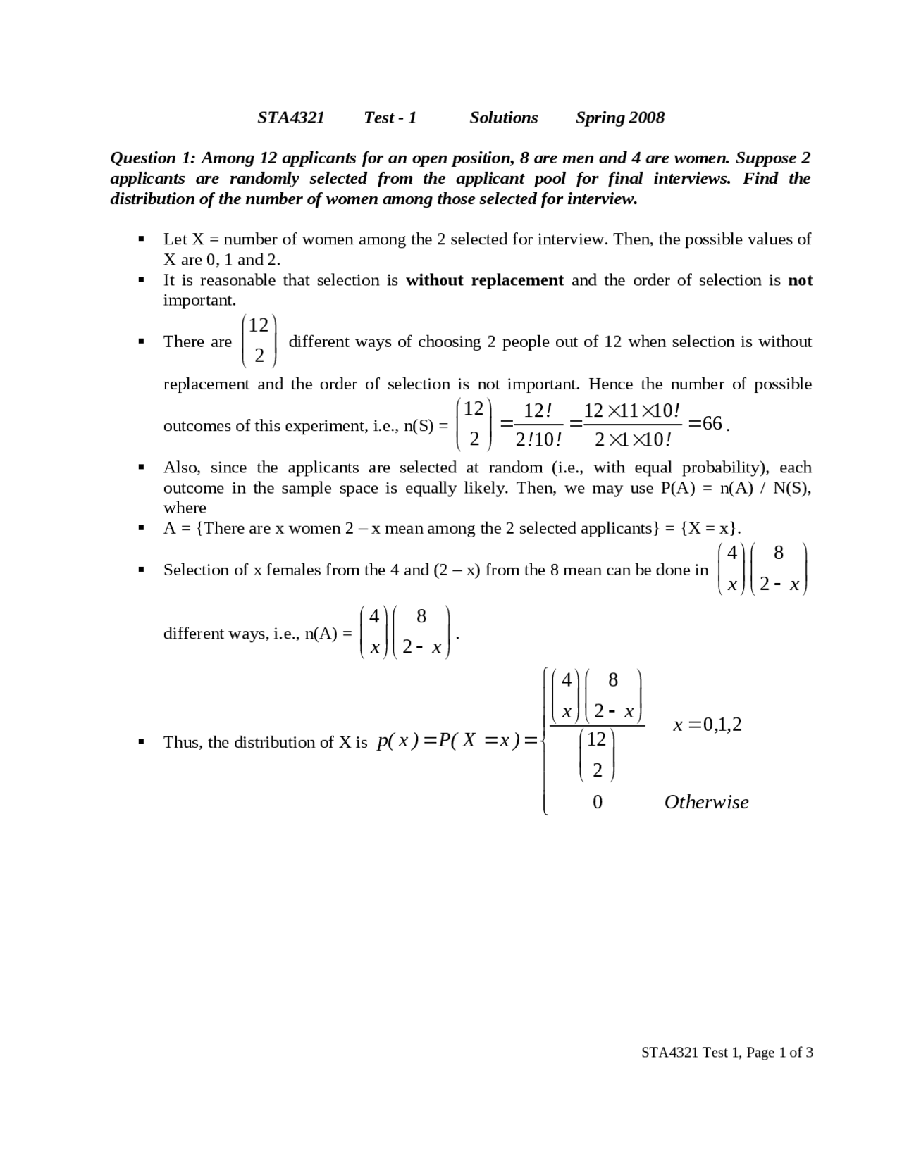Test 1 with Solutions - Introduction to Probability | STA 4321 | Exams ...
