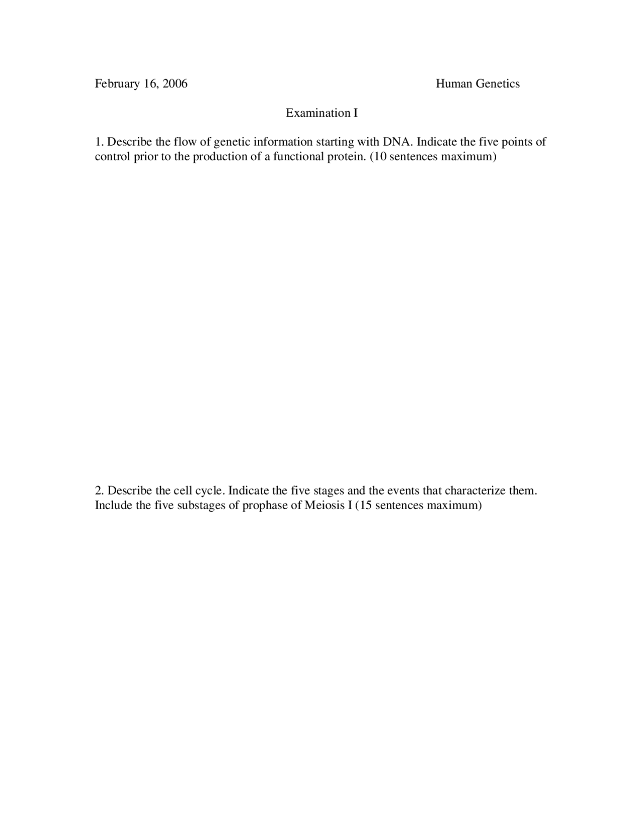 Examination 1 With 7 Questions Human Genetics Pcb 5665 Docsity
