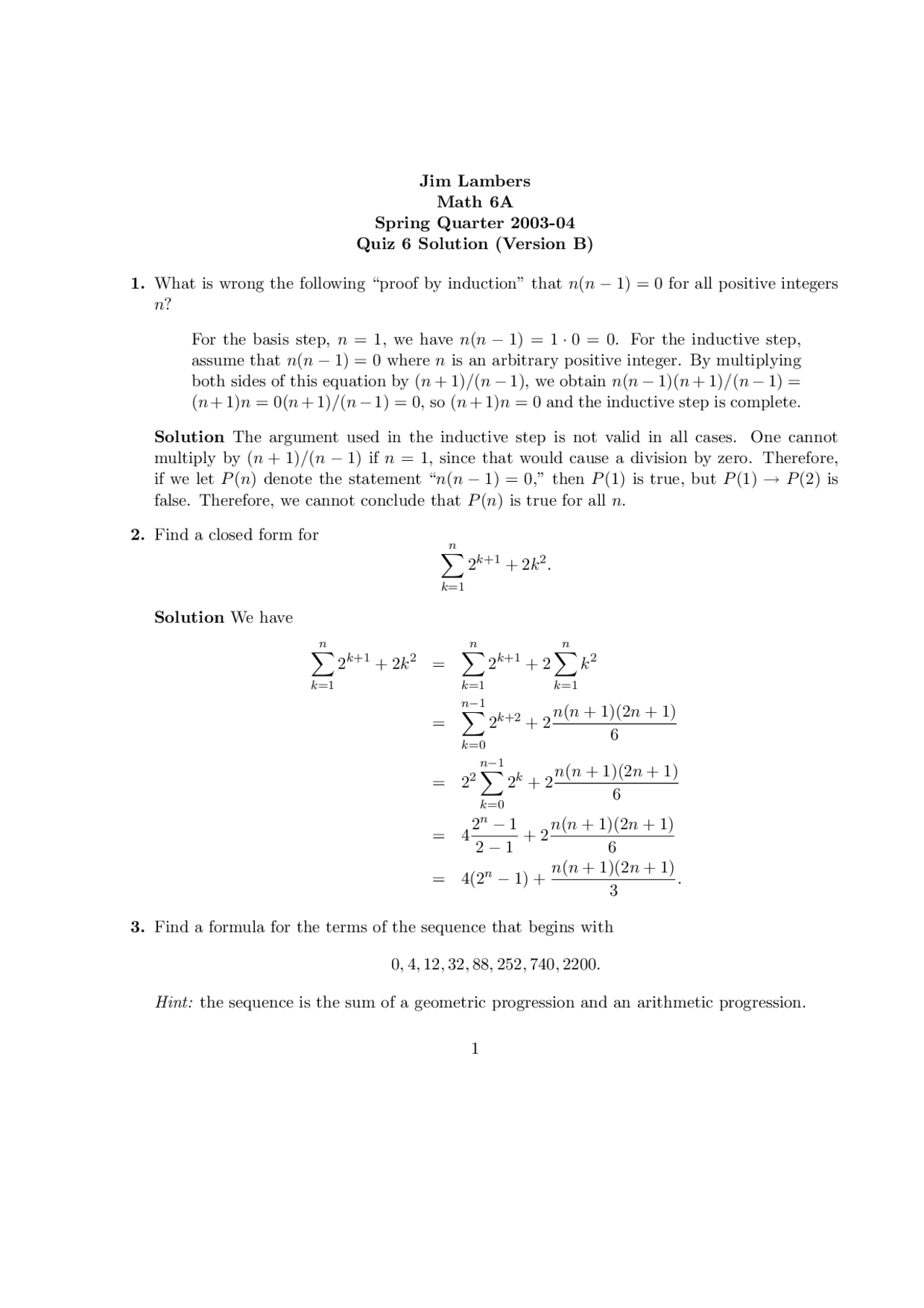 Quiz 6 With Solutions Linear Algebra Math 6 Docsity