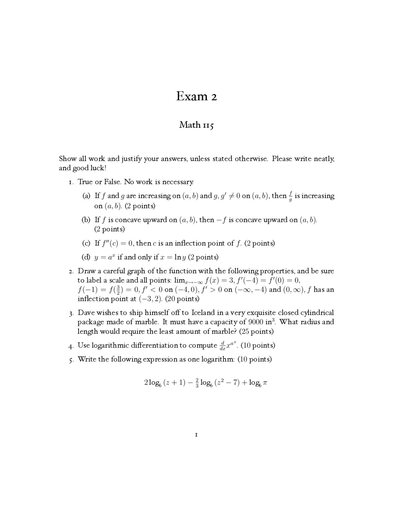 6 Problems On Calculus I Exam 2 Math 115 Docsity