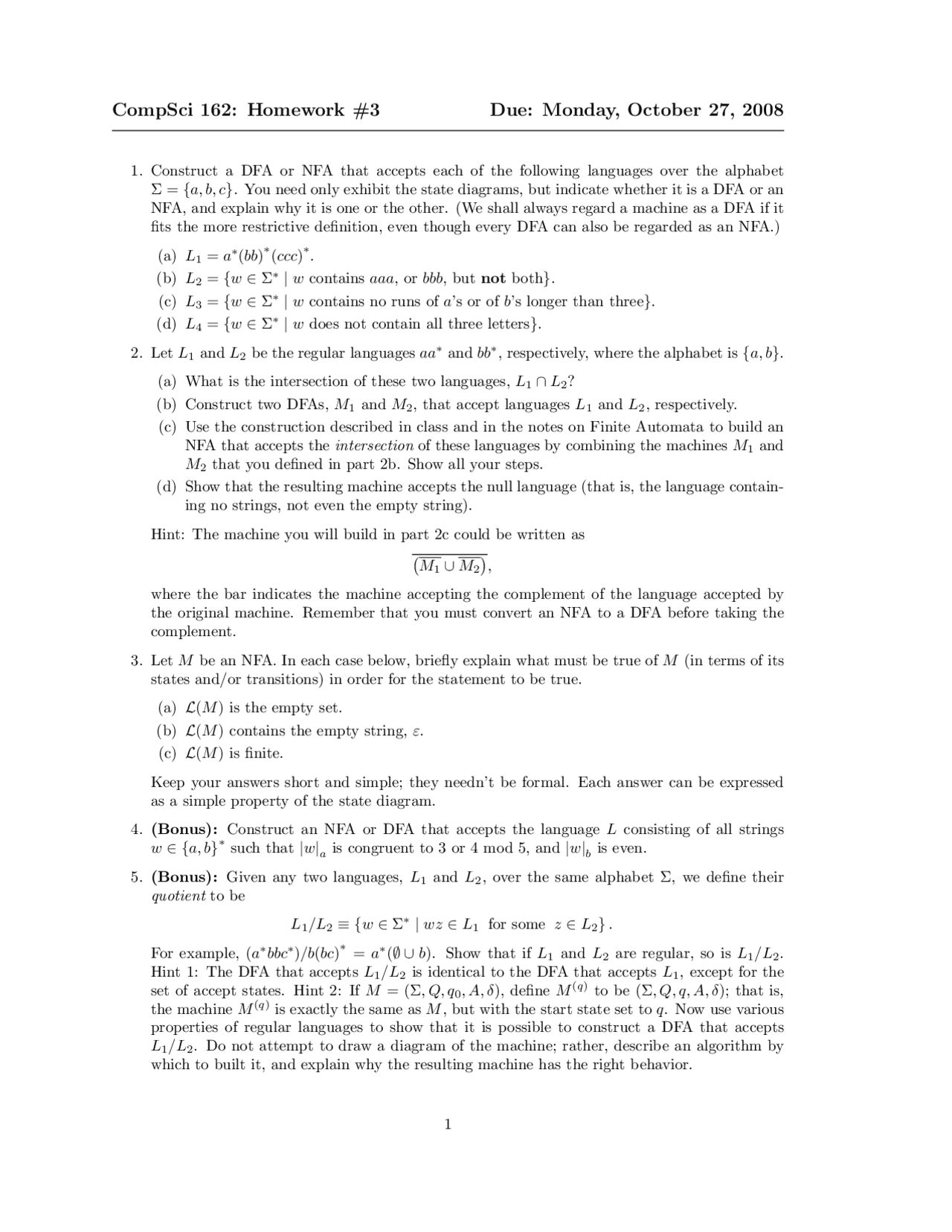 Questions On Formal Languages And Automata Theory Assignment 3