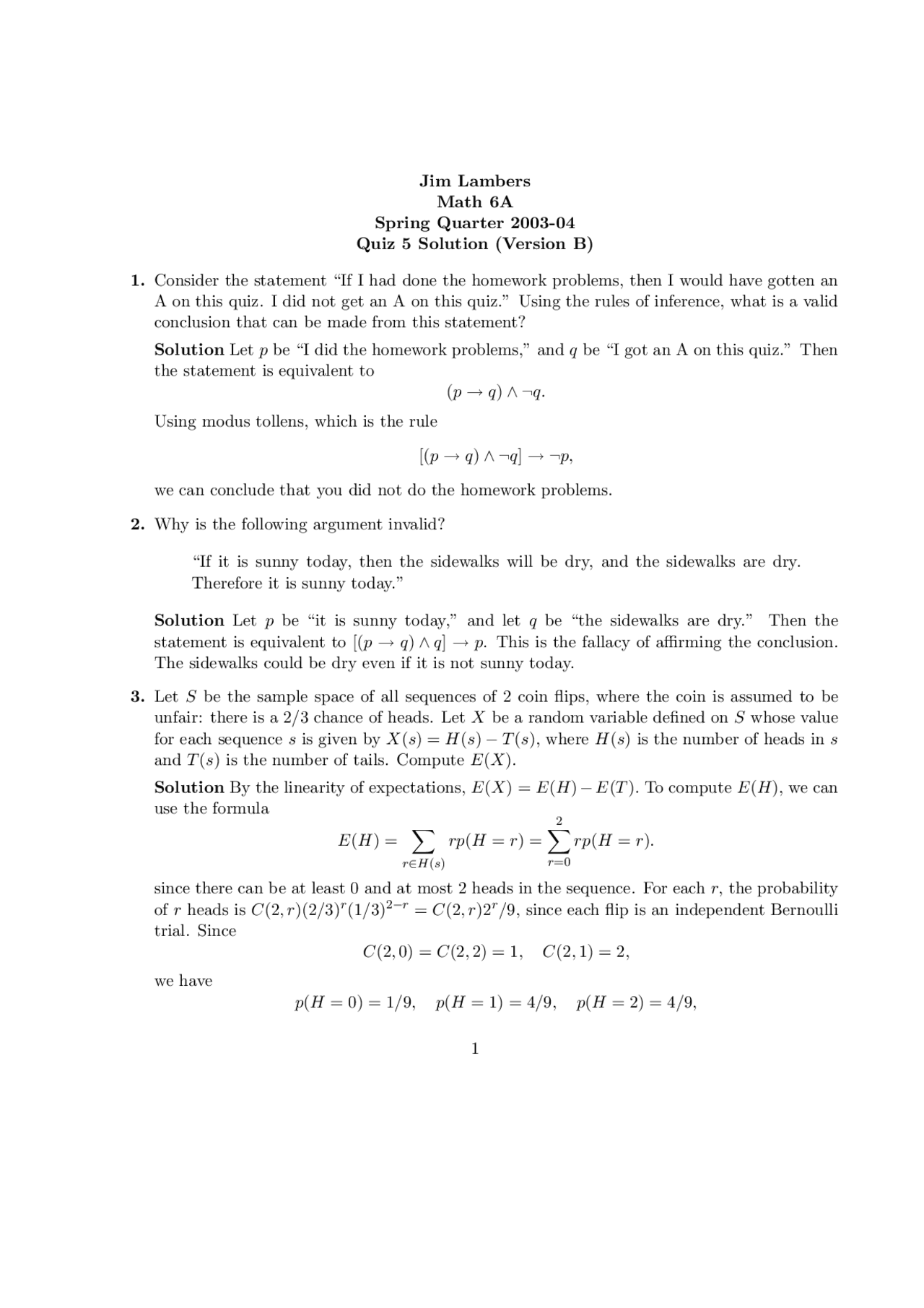Sample Quiz #5B with Resolution - Linear Algebra | Math 6 - Docsity