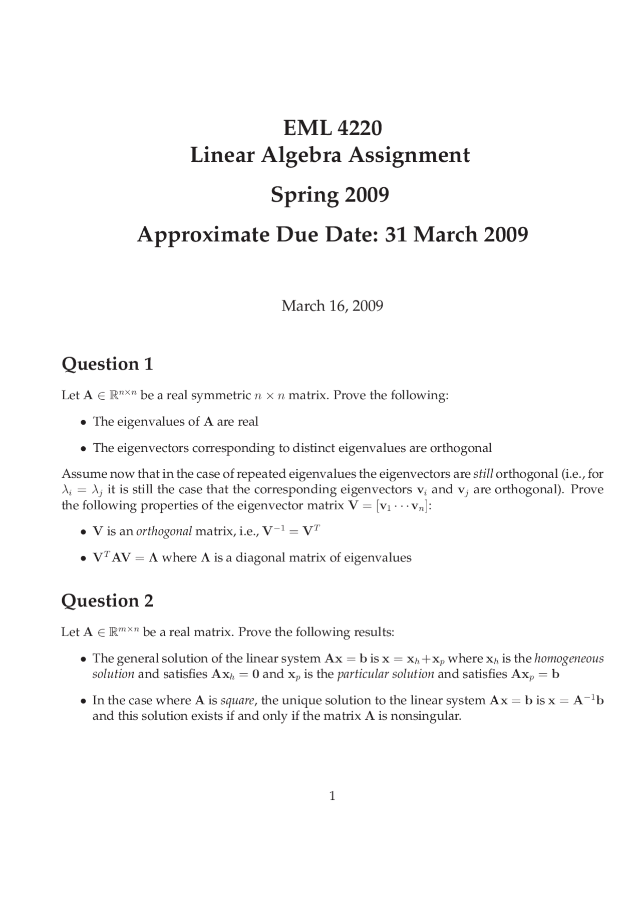 Linear Algebra Assignment Spring 2009 Eml 4220 Docsity