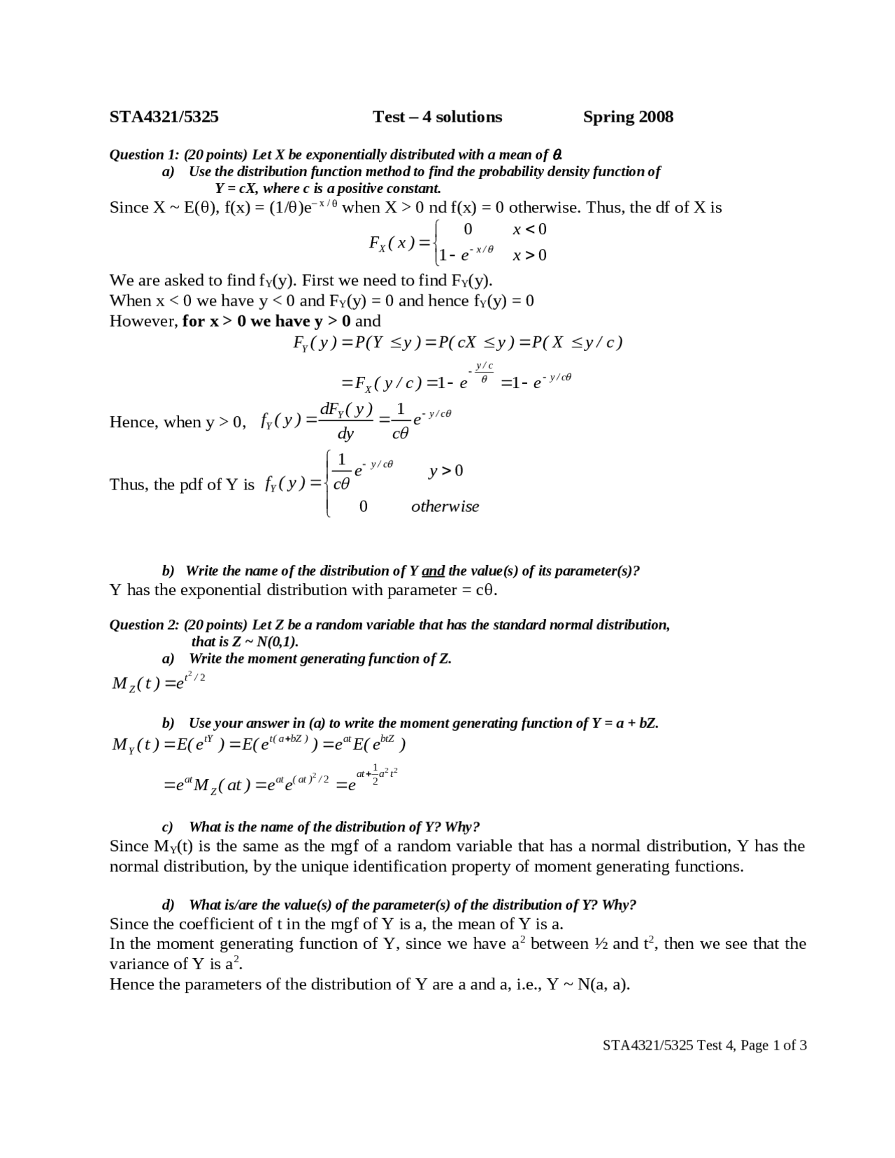 Solution of Exam 4 - Introduction to Probability | STA 4321 - Docsity