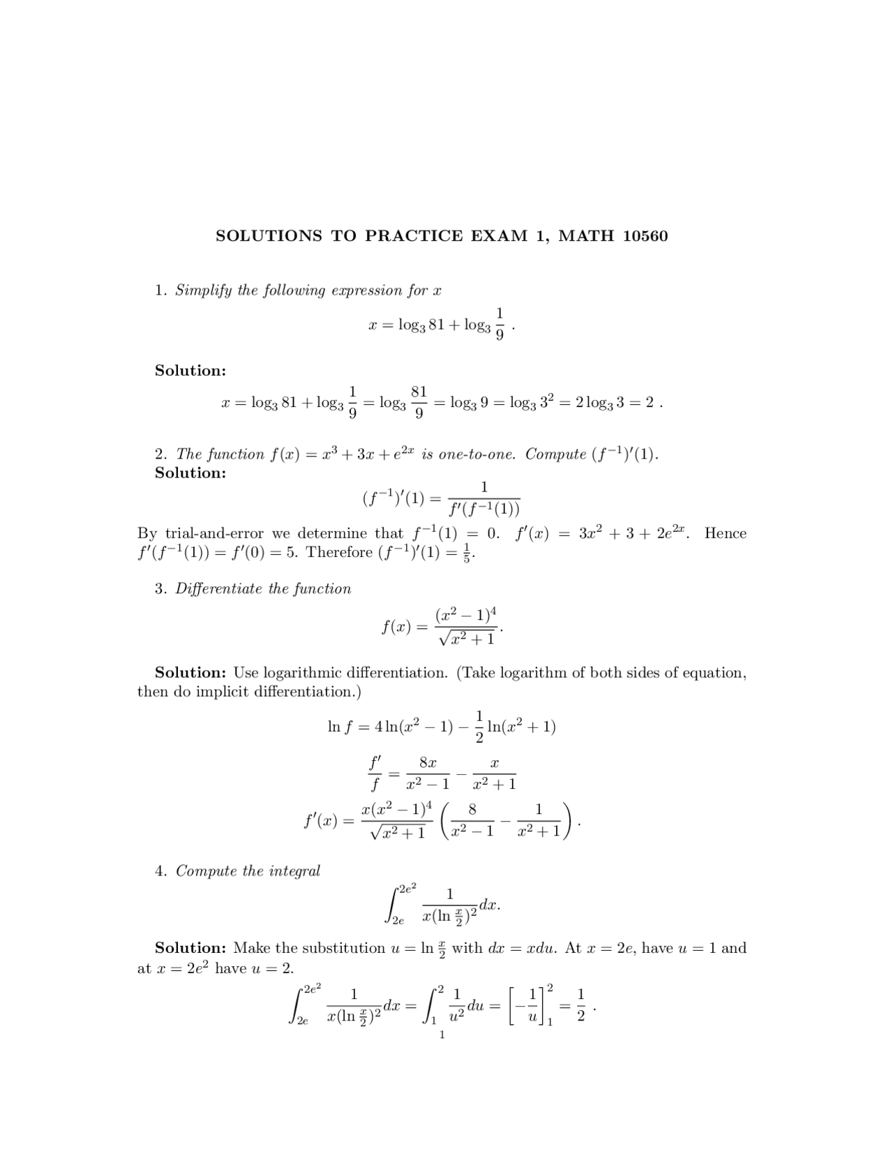 12 Questions With Answers Calculus Ii Final Examination Math