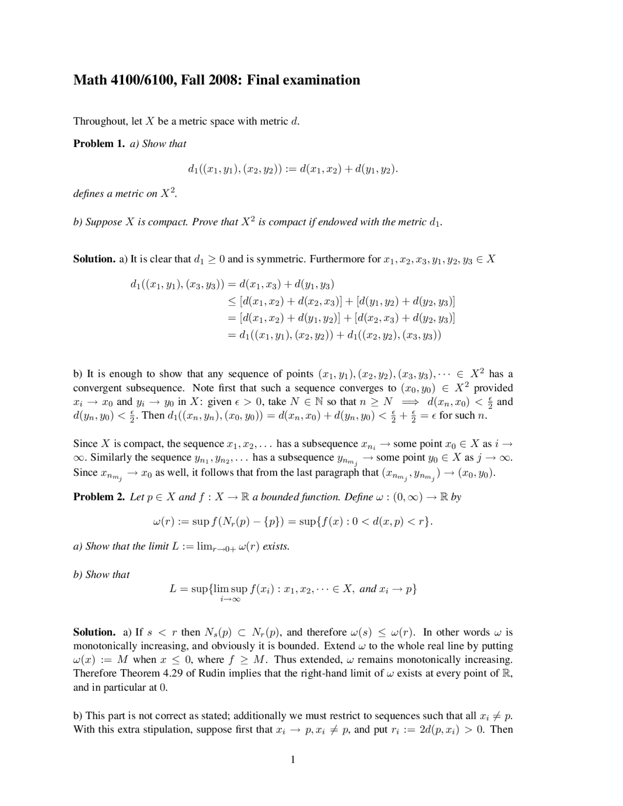 Final Exam With Solution Real Analysis Fall 2008 Math 4100 Docsity