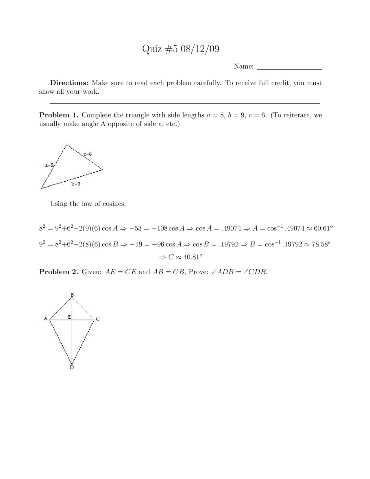 4 Solved Problems on Triangular Functions - Quiz 5 | MATH 106 - Docsity